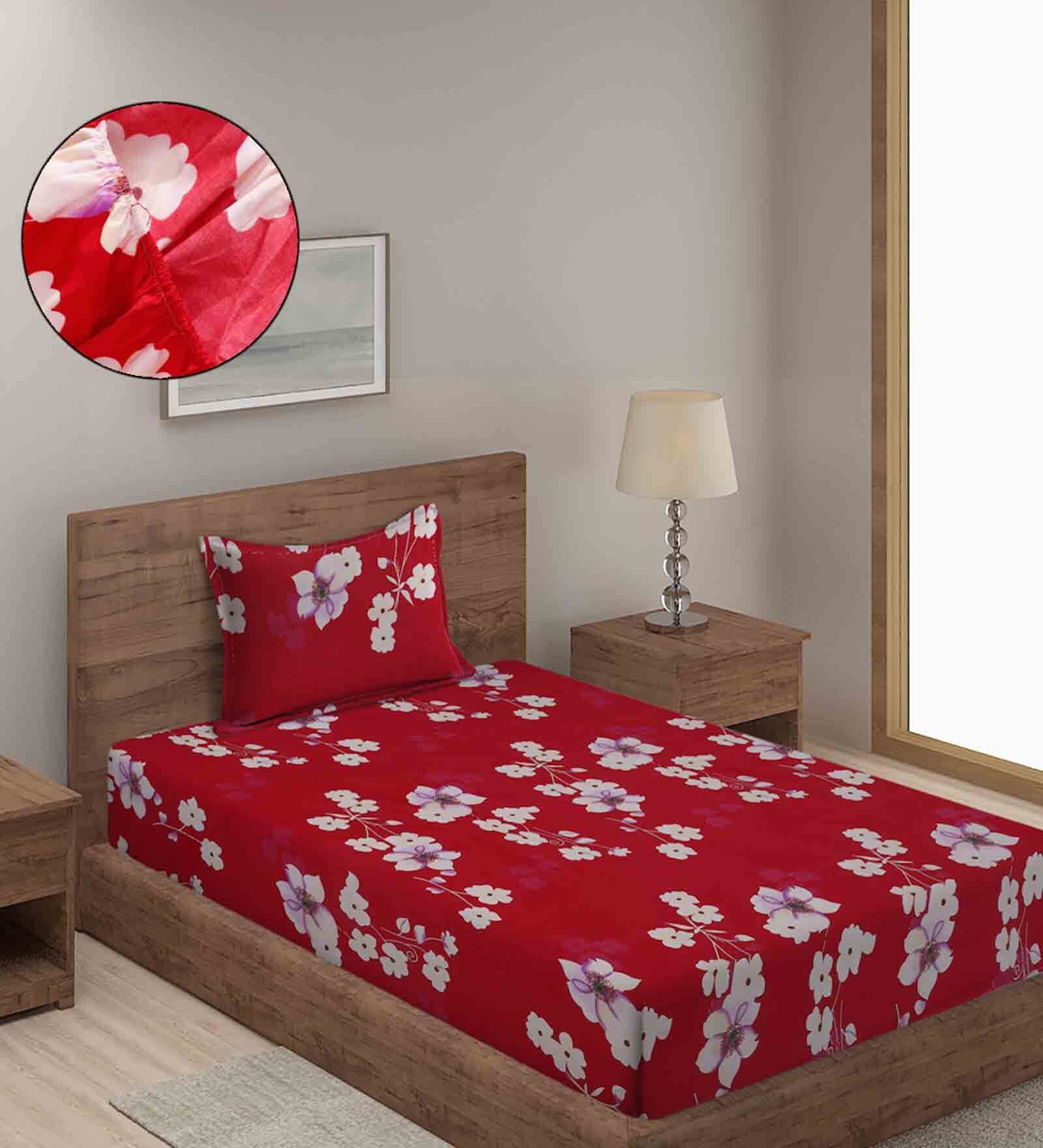 Buy Red Floral 280 TC Cotton Blend Single Bed Sized Fitted Bed Sheets ...