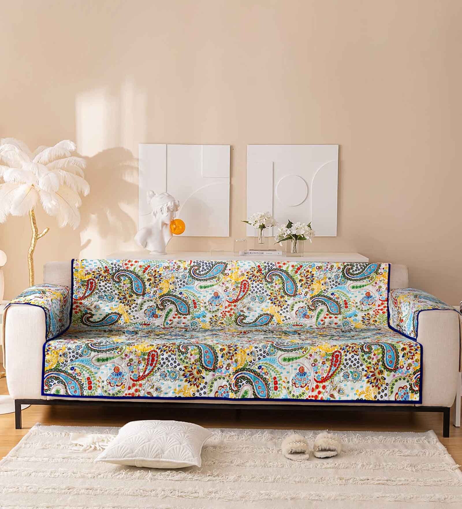 Buy Multicolor Traditional Cotton 3 Seater Sofa Cover with Arm Rest ...