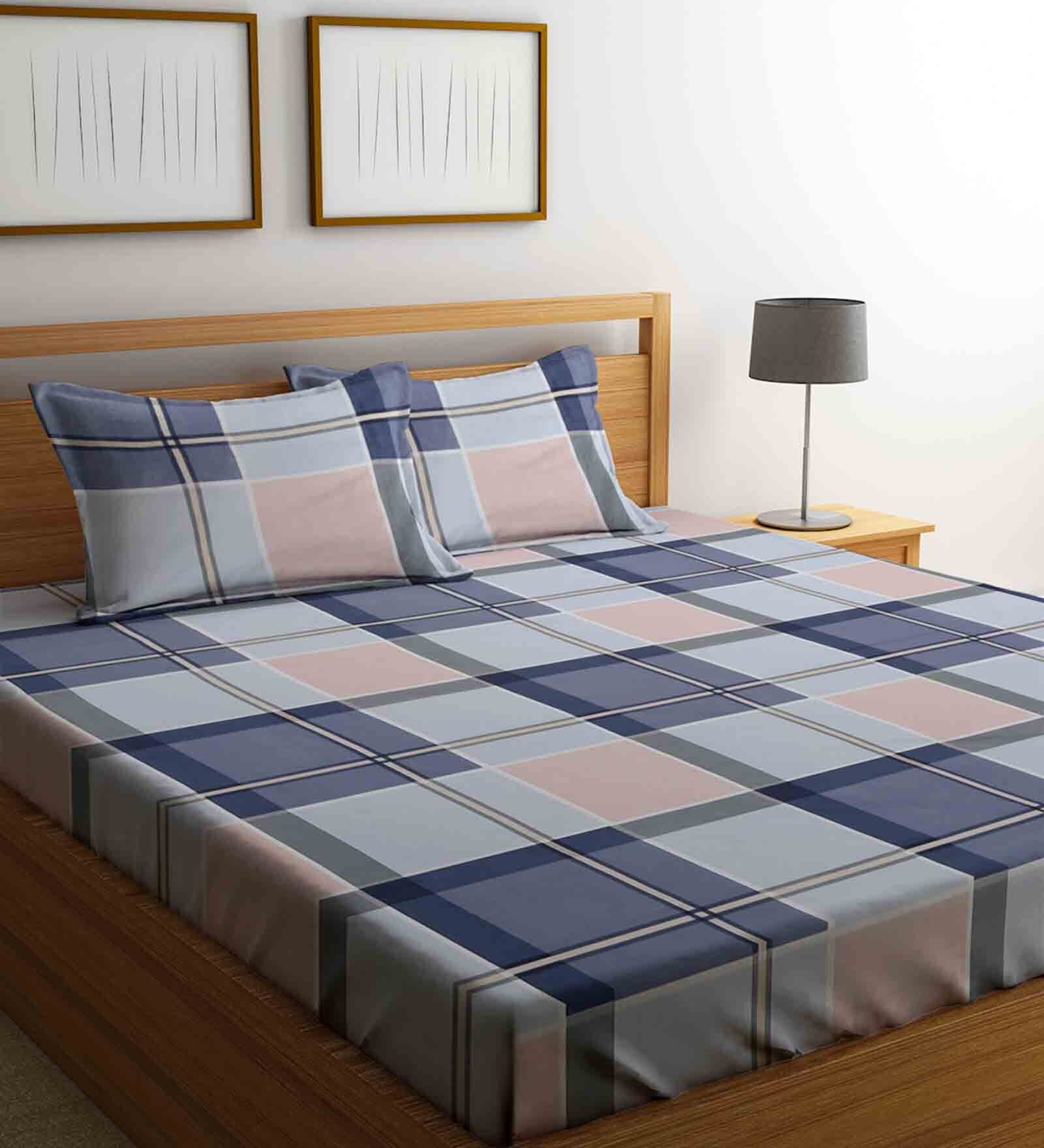 Buy Blue Checkered 280 TC Cotton Blend King Sized Bed Sheets with 2 ...