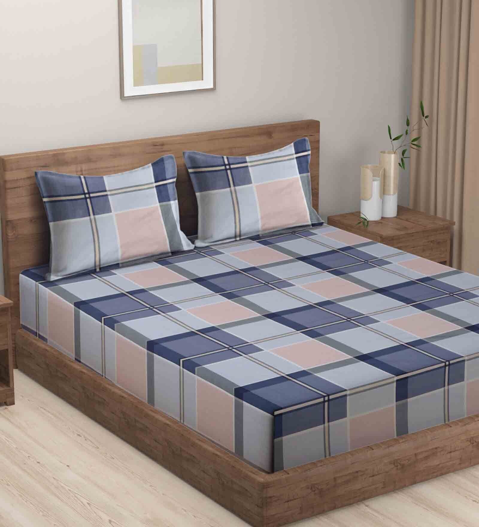 Buy Blue Geometric 280 TC Cotton Blend King Sized Fitted Bed Sheets ...
