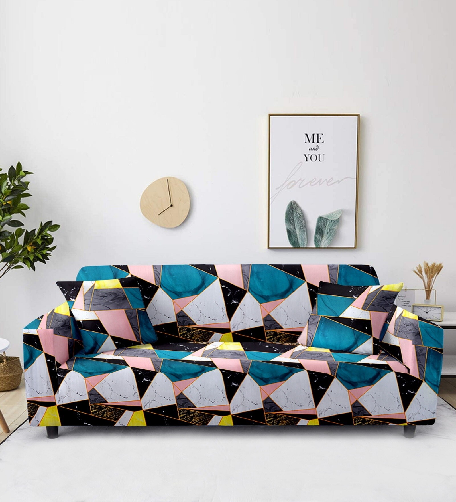 Buy Multicolor Geometric Polyester 57 x 35 Inches 3 Seater Sofa Cover ...