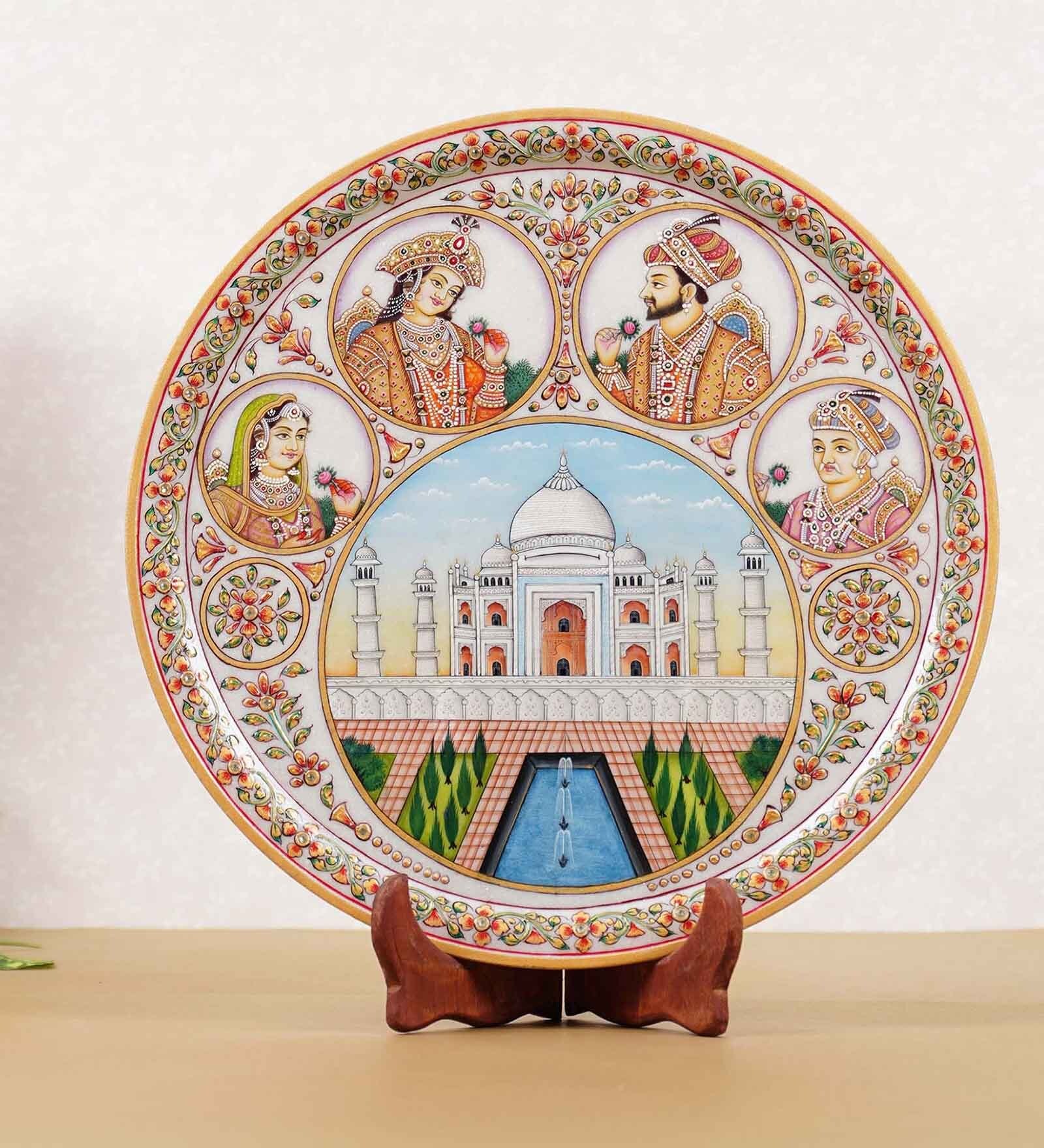Buy Multicolor Marble Taj mahal and Shahjahan Mumtaj Round Plate with ...