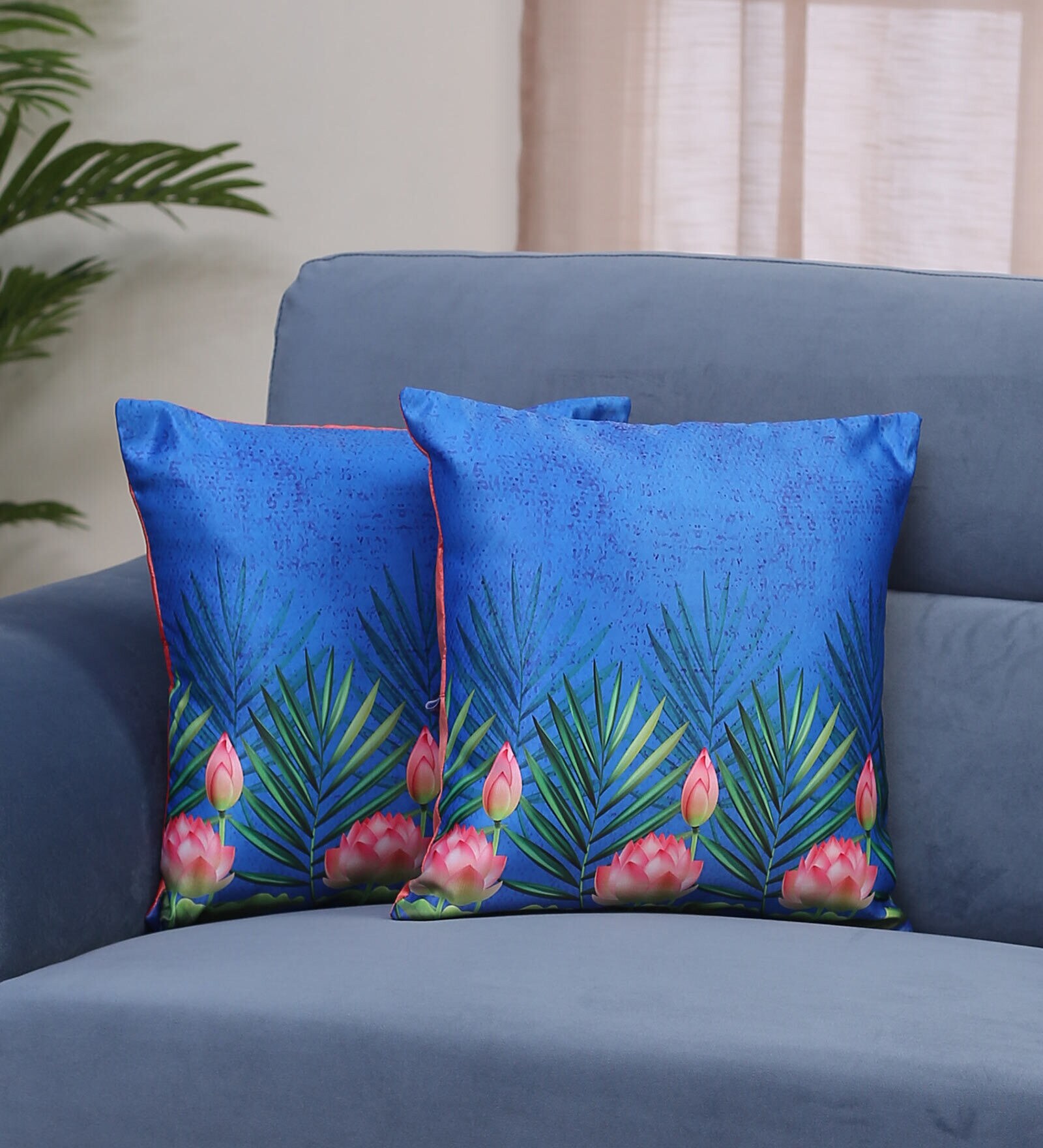 Buy Blue Floral Polyester 16x16 Inch Cushion Covers (Set of 2) at 43% ...