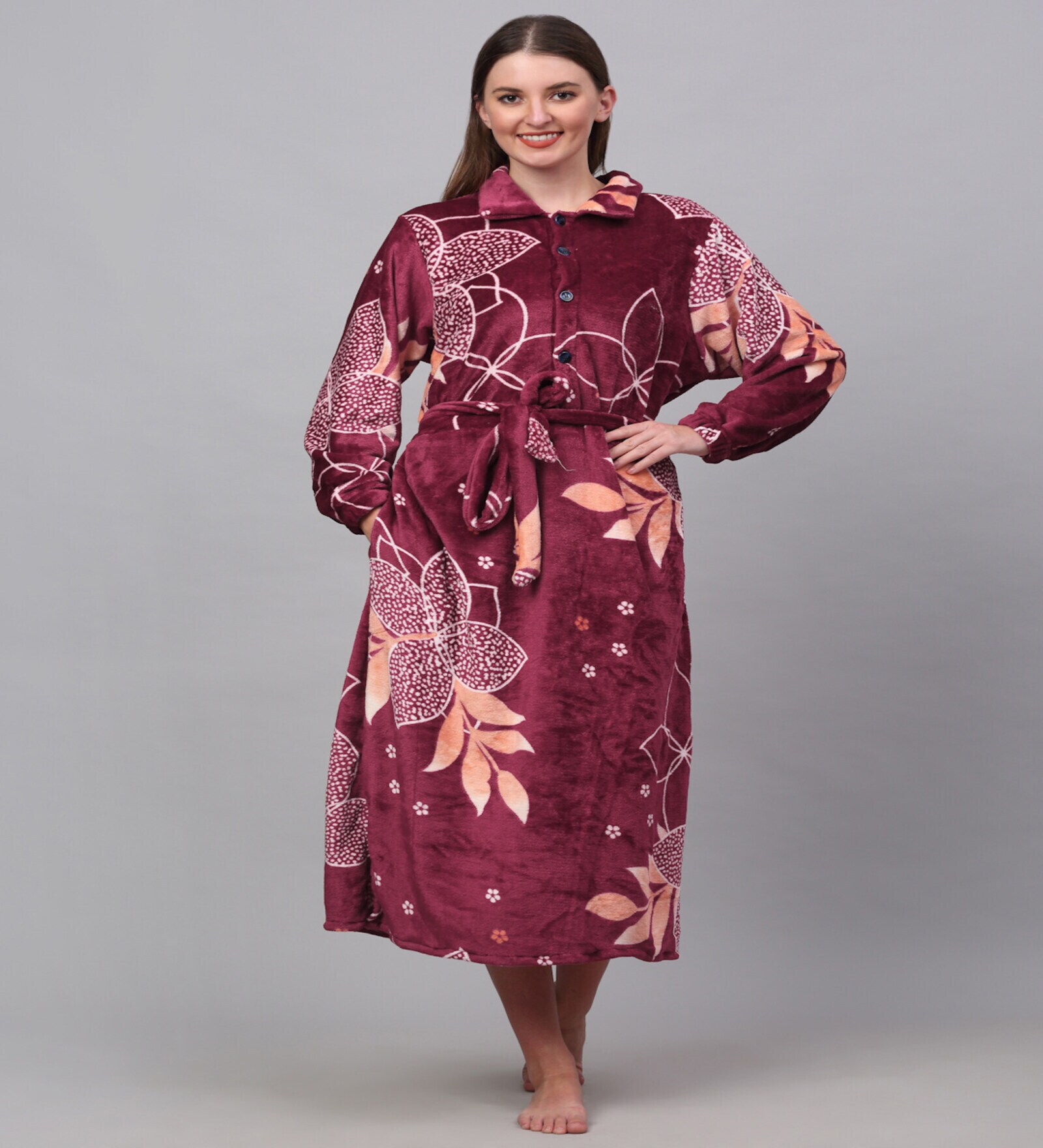 Buy Multicolor Printed Woolen Women Bath Robe With Belt (M) By Klotthe ...