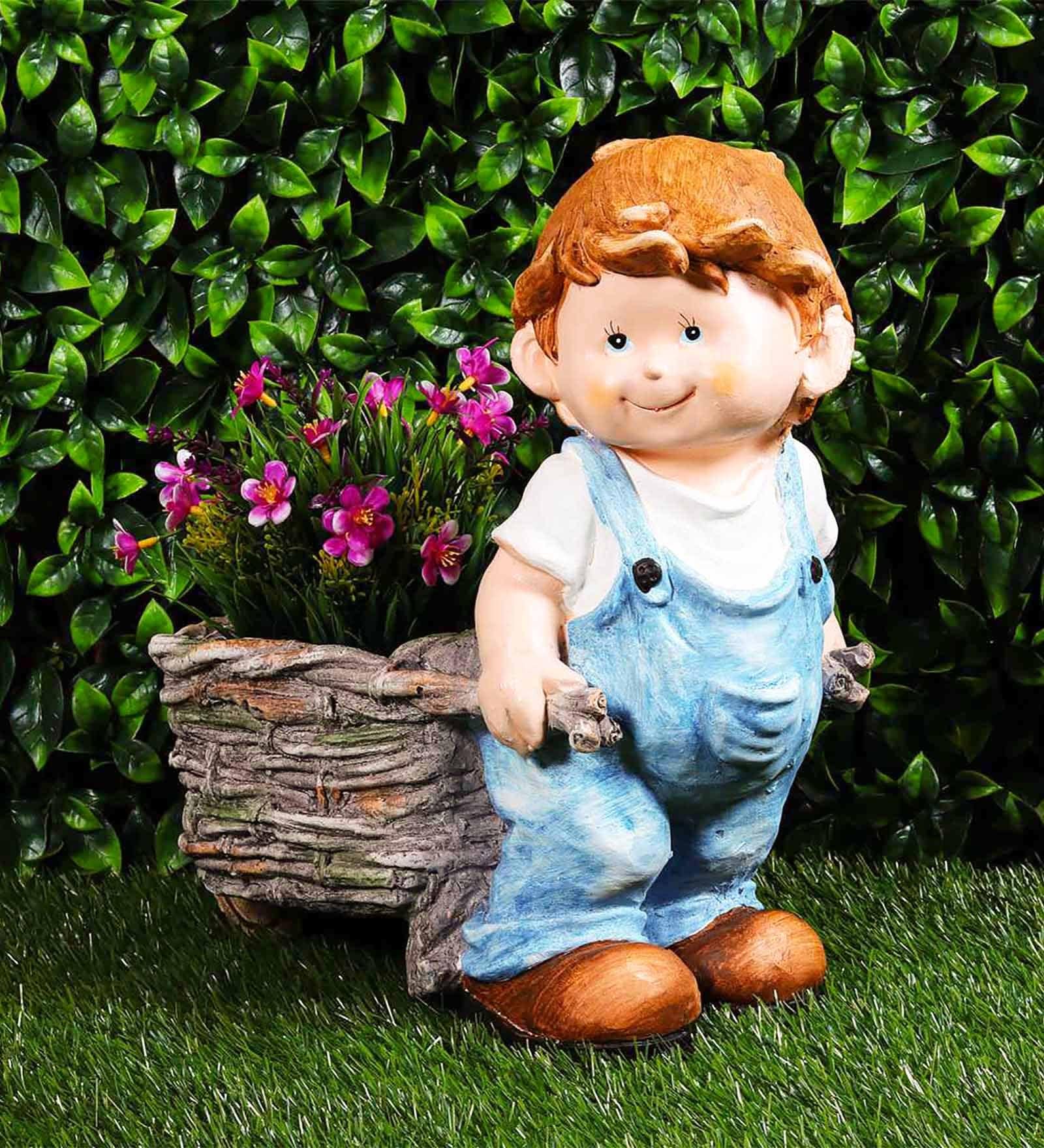 Buy Multicolor Resin Boy Pushing Trolley With Pot Planter For Home ...