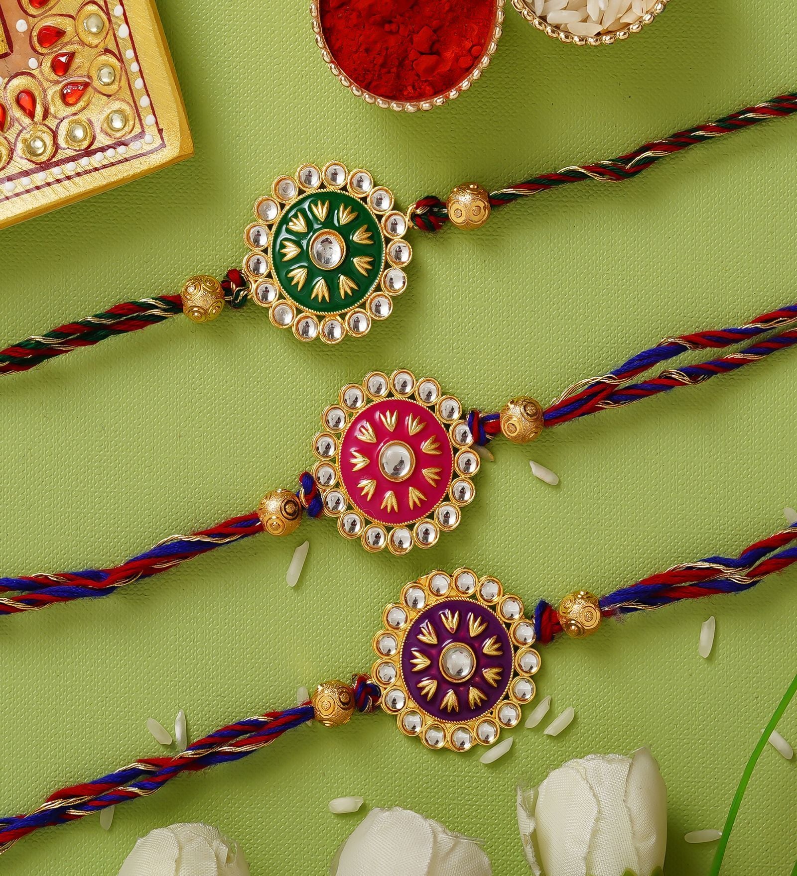 Buy Multicolor Set of 3 Meenakari Designer Rakhis with Roli Chawal Pack ...