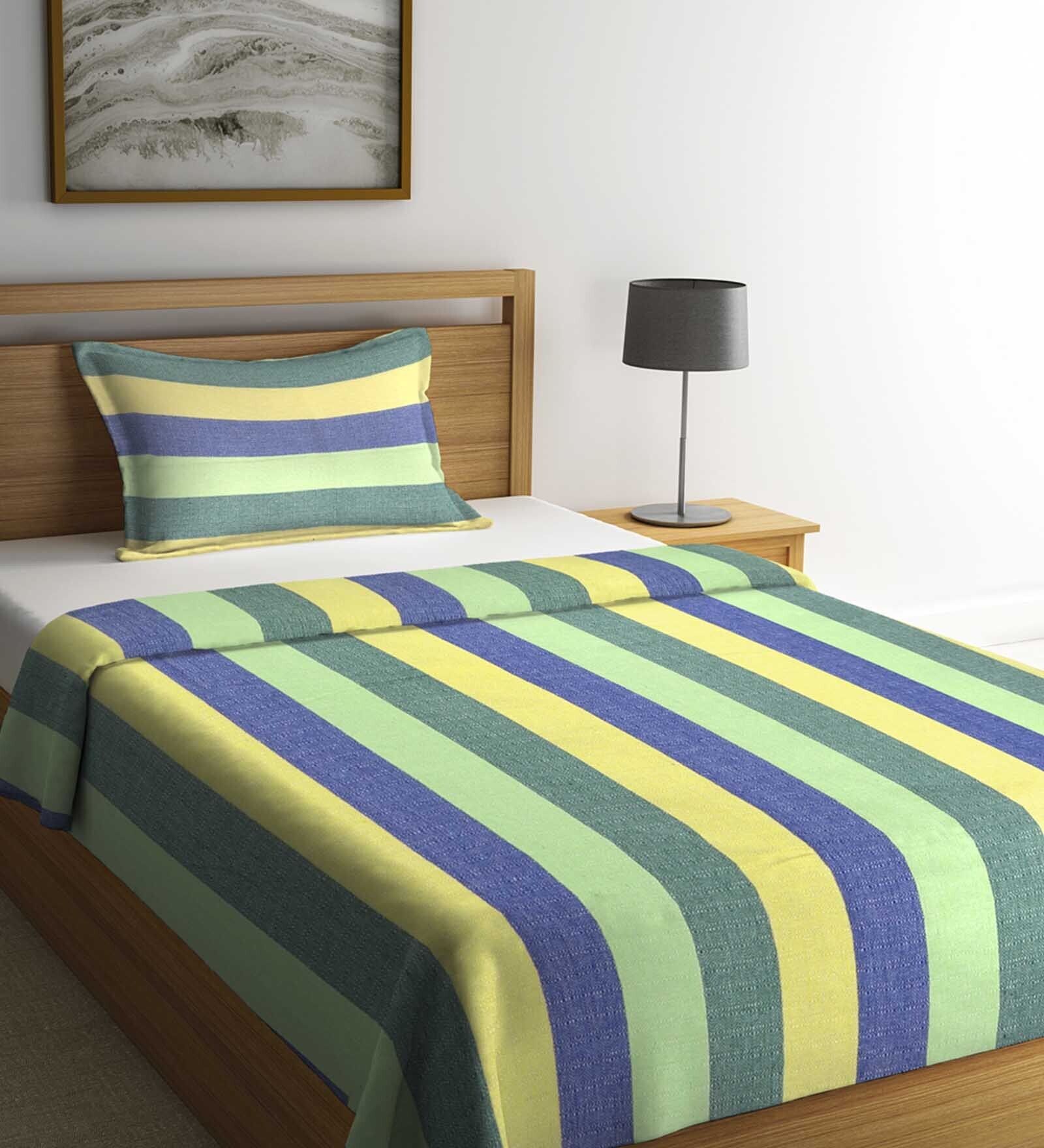 Buy Multicolor Striped Cotton Single Bed Cover with Pillow Cover by ...