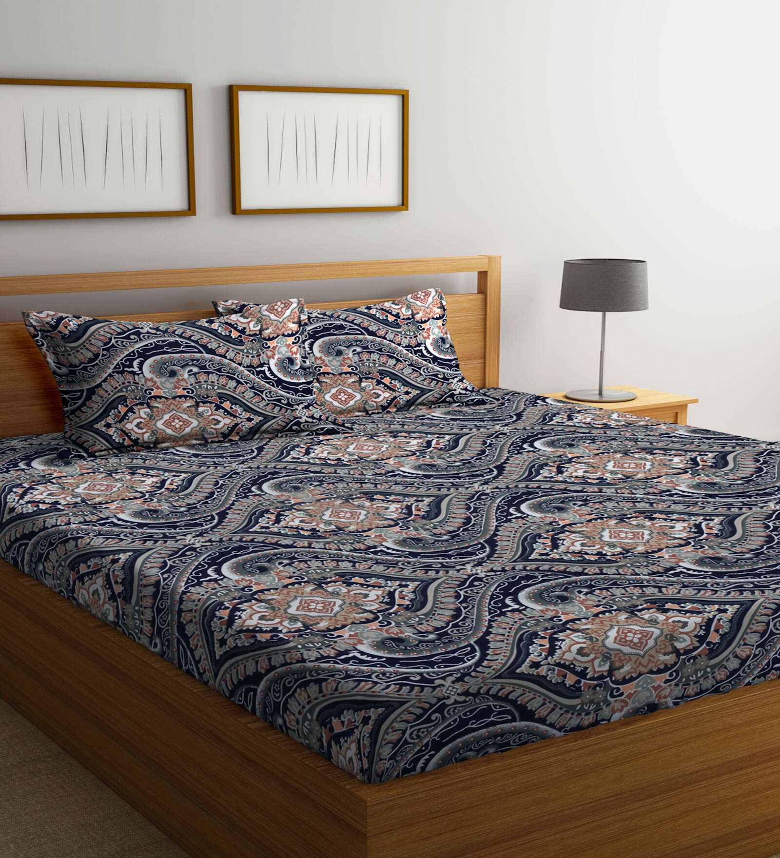 Buy Multicolor Traditional 300 TC Cotton Blend Double Bedsheet with 2 ...