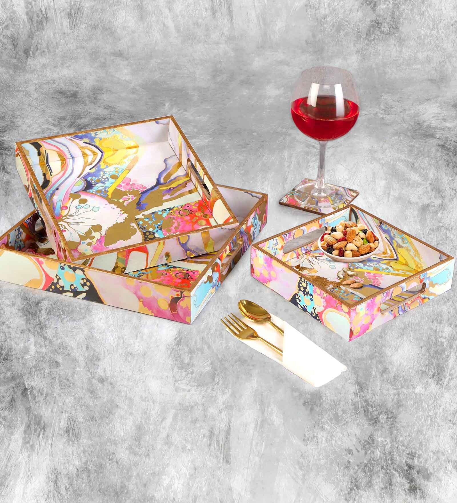 Buy Multicolour & Gold MDF Wood Splash (Set of 3) Serving Tray at 37% ...