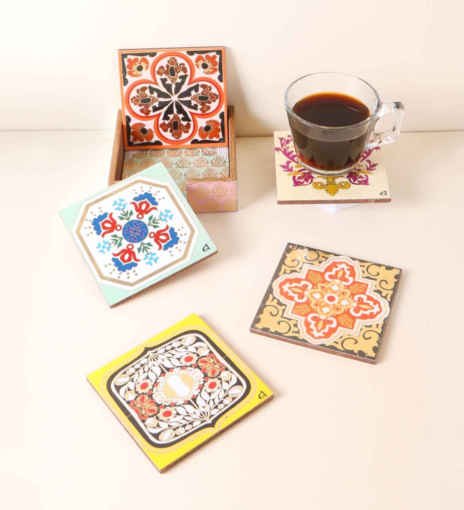 Buy Multicolour & Gold Mdf Wood Square (Set of 6) Coasters at 41% OFF ...