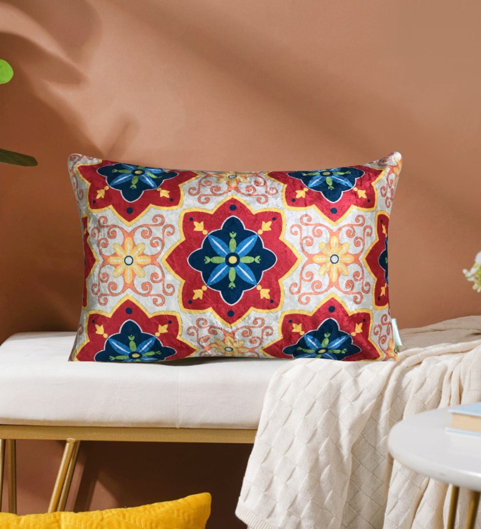 Buy Multicolour Velvet Geometric 12 X 18 inch Cushion Cover by Tasseled ...