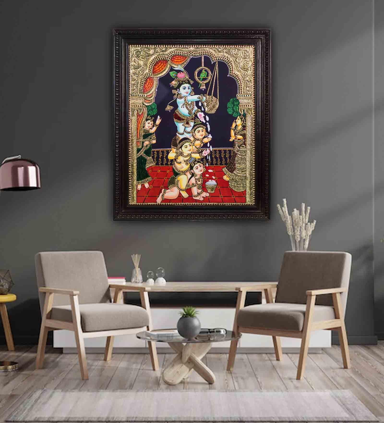 Buy Uriyadi Krishnar Tanjore Painting, 24 Carat Gold Foil with Frame ...