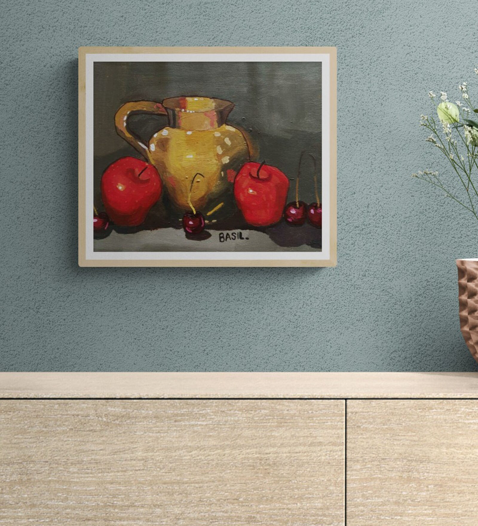 Buy Apples, Cherries And Waterjug Handmade Acrylic On Unframed Canvas ...
