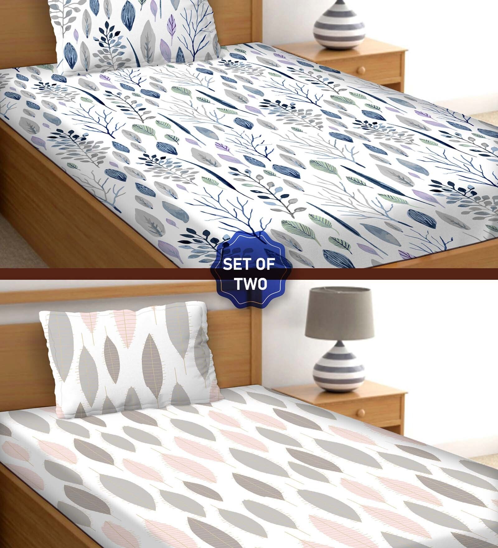 Buy White Floral 250 TC Cotton 2 Single Bedsheet With 2 Pillow Covers ...