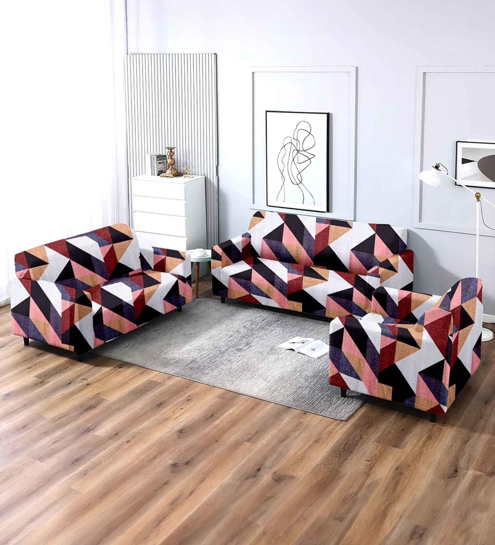 Buy Multicolor Geometric Polyester (3 seater) Sofa Cover & (Pack of 2 ...