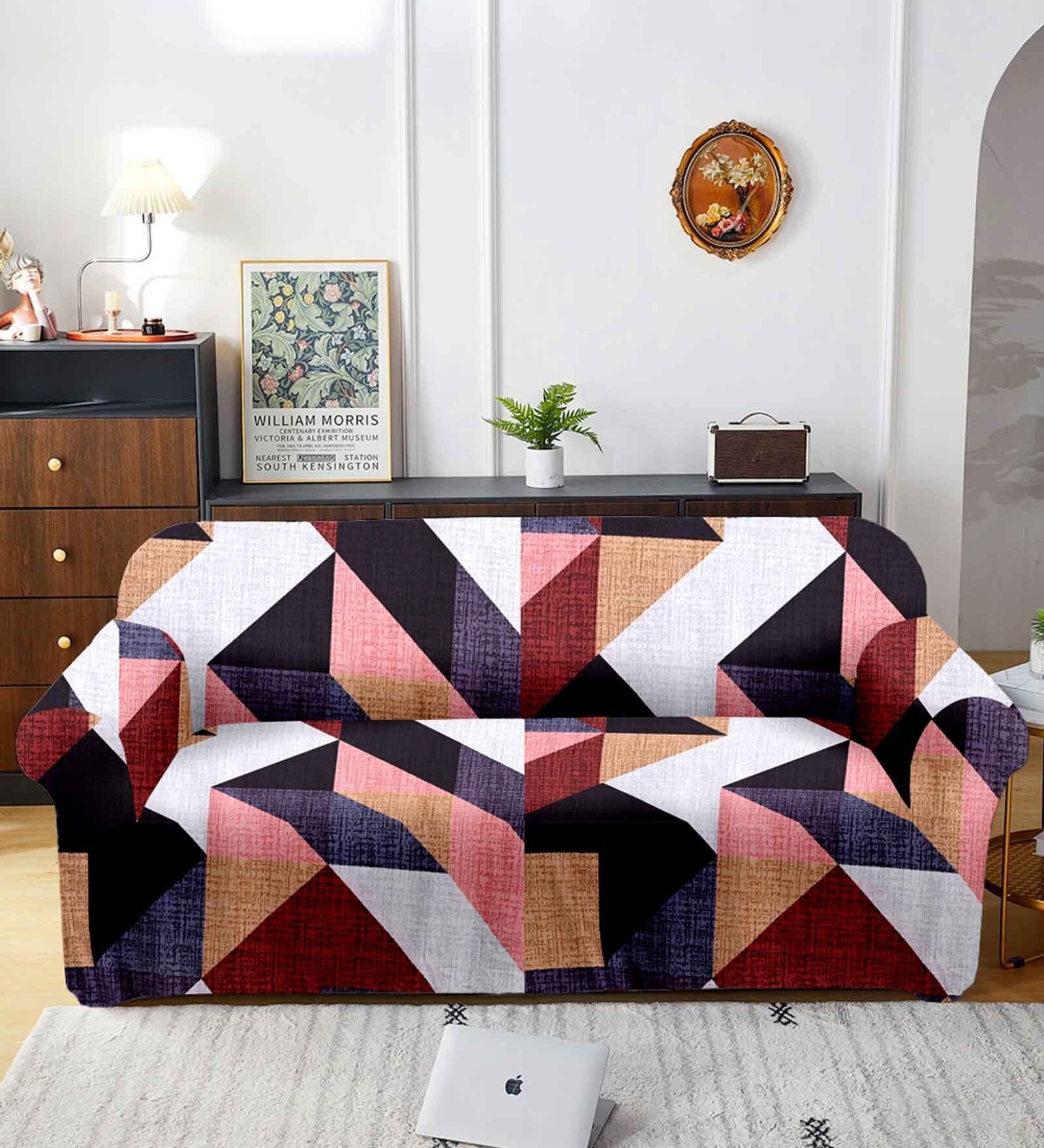 Buy Multicolor Geometric Polyester 3 Seater Elastic Stretchable Sofa ...