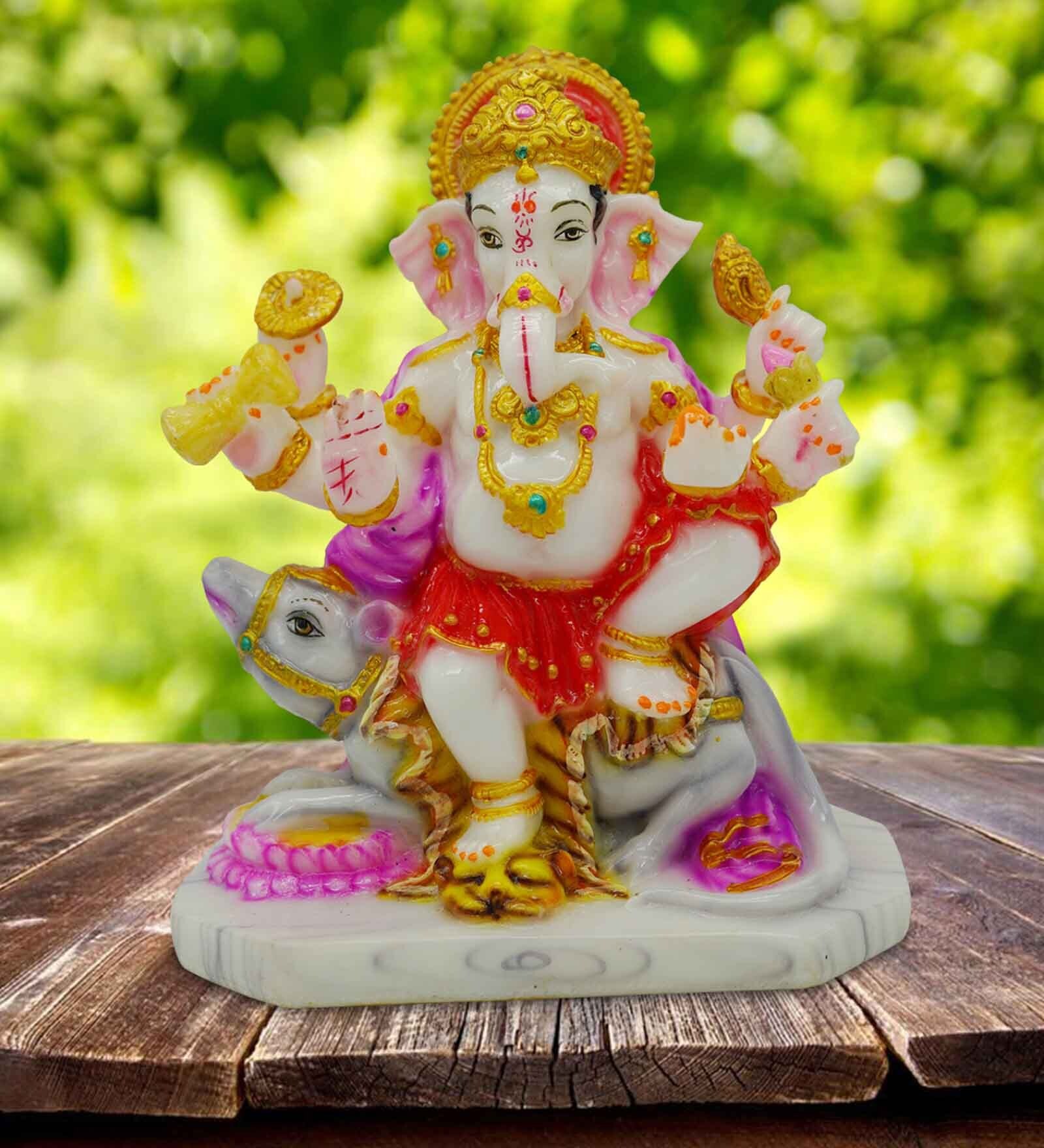 Buy Multicolour Marble Handpainted Lord Ganpati with Moshak Idol by ...
