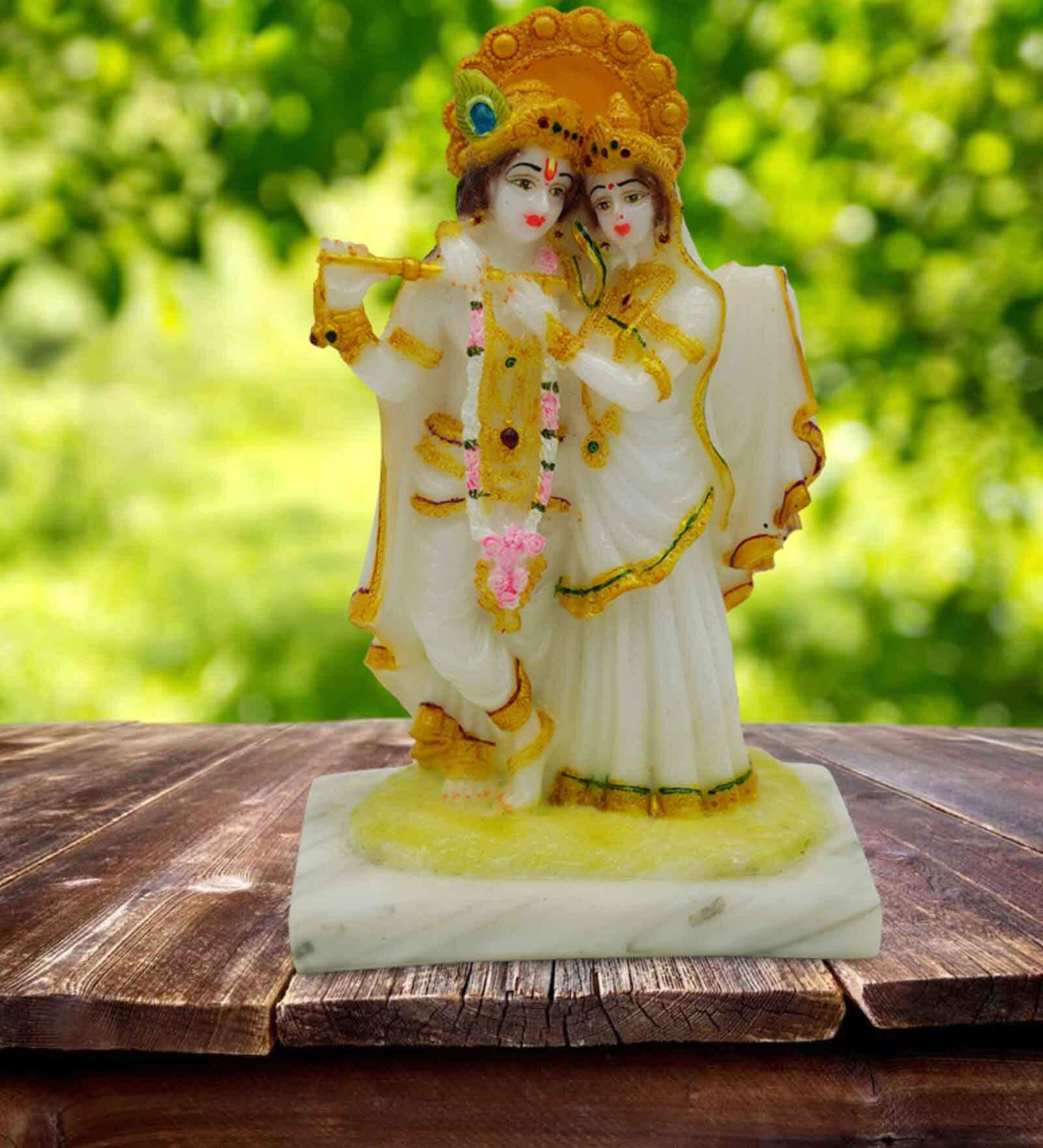 Buy Multicolour Marble Handpainted Radha Krishna Idol with Flute by ...