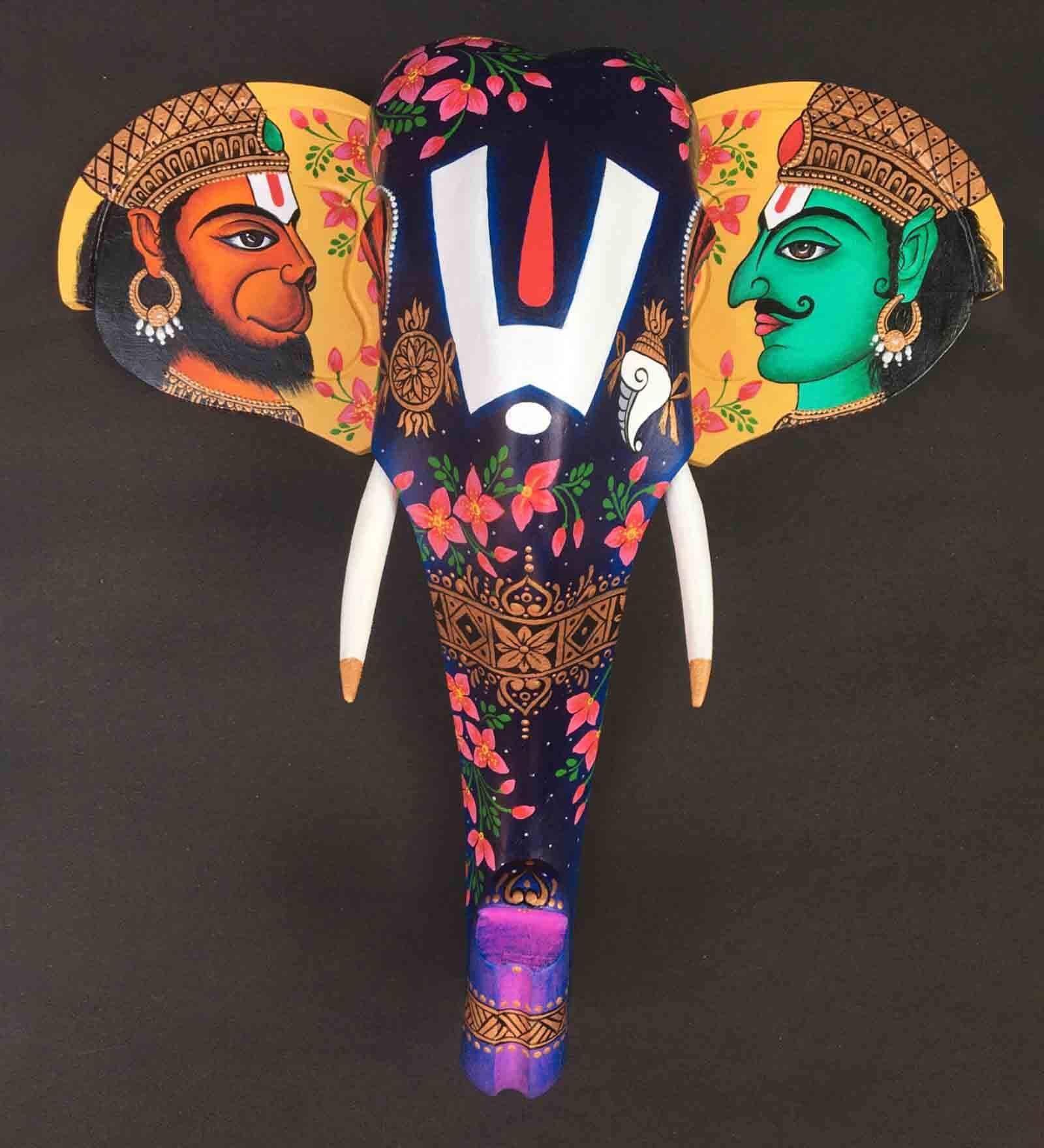 Buy Multicolour Handmade & Handpainted Wooden Hanuman & Garuda Elephant ...