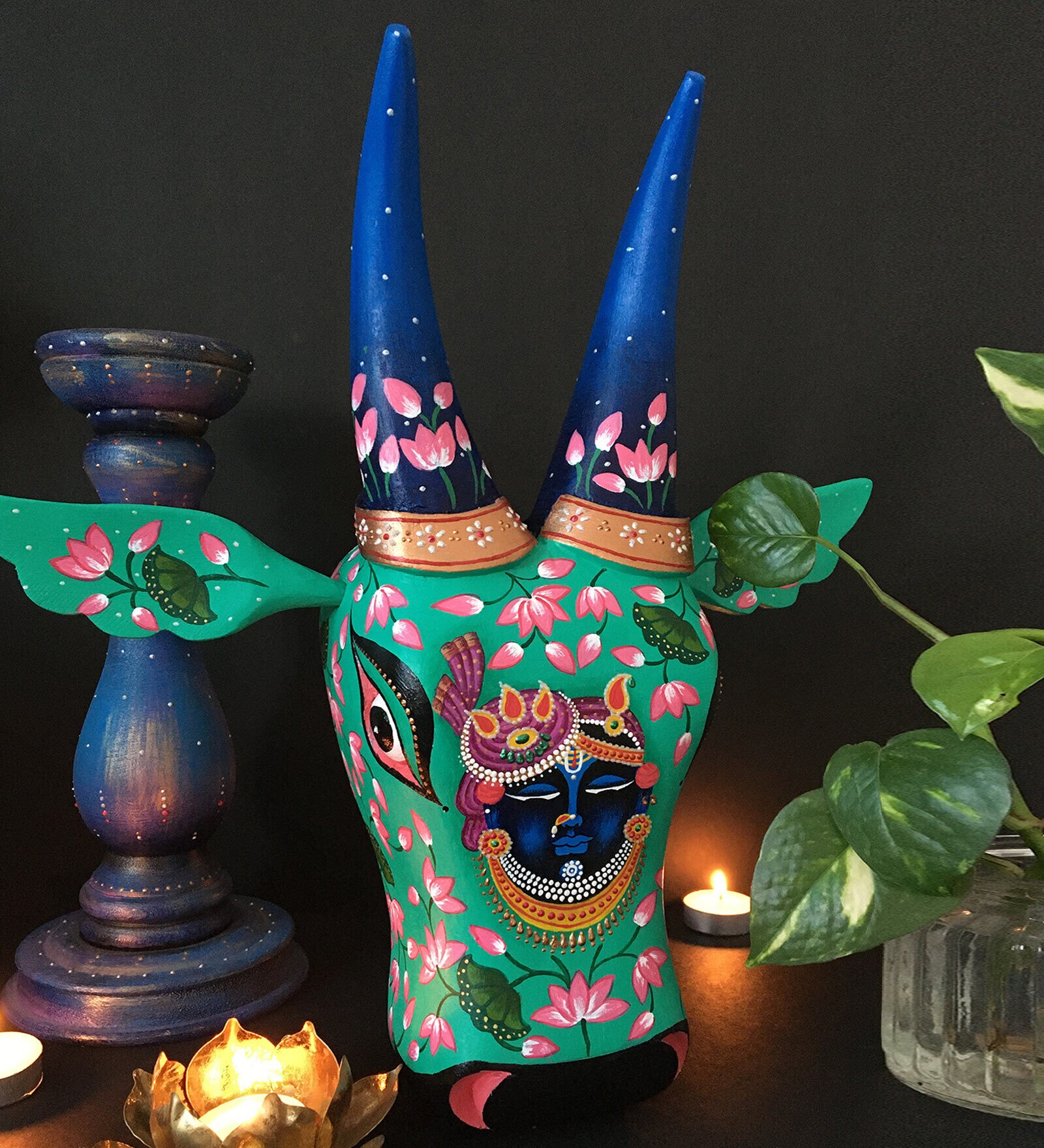 Buy Multicolour Handmade & Handpainted Wooden Pichwai Cow Head By ...