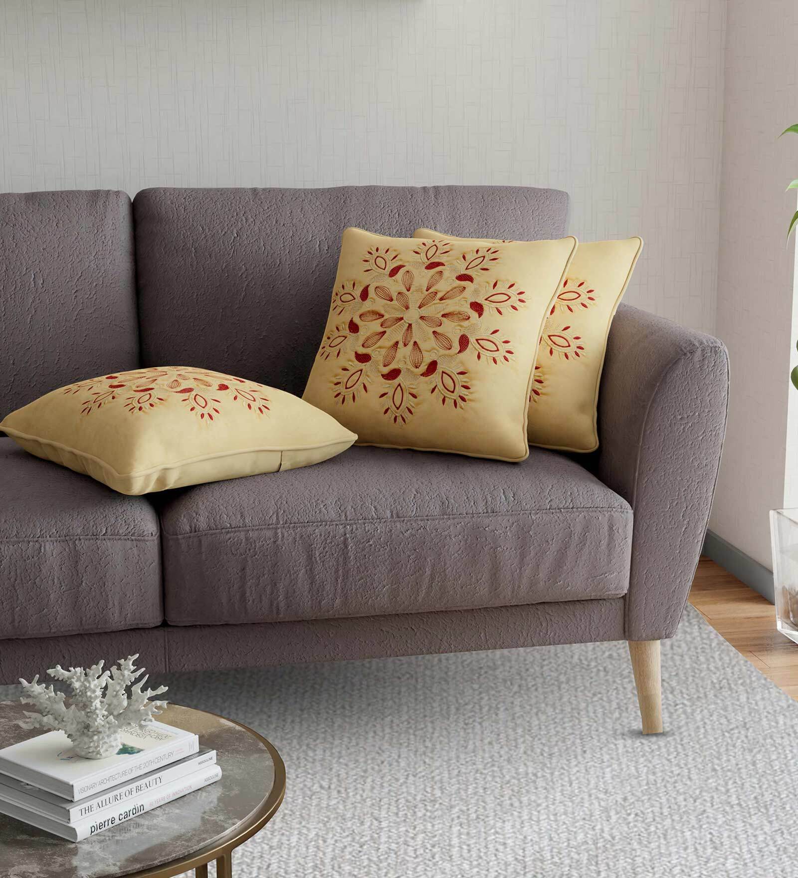 Buy Mustard Traditional Cotton 16 x 16 Inches Embroidered Cushion ...