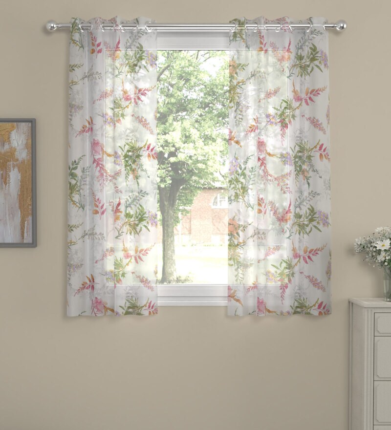 Buy White Polyester Floral 5 Ft Sheer Eyelet 2 Window Curtains By ...