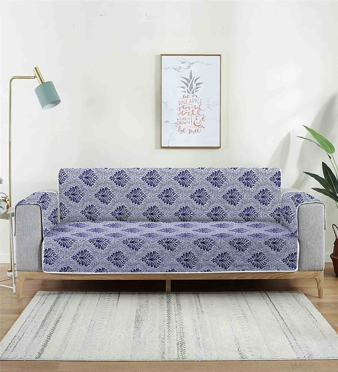 Buy Navy Blue Abstract Polyester 2 Seater Reversible Sofa Cover By ...