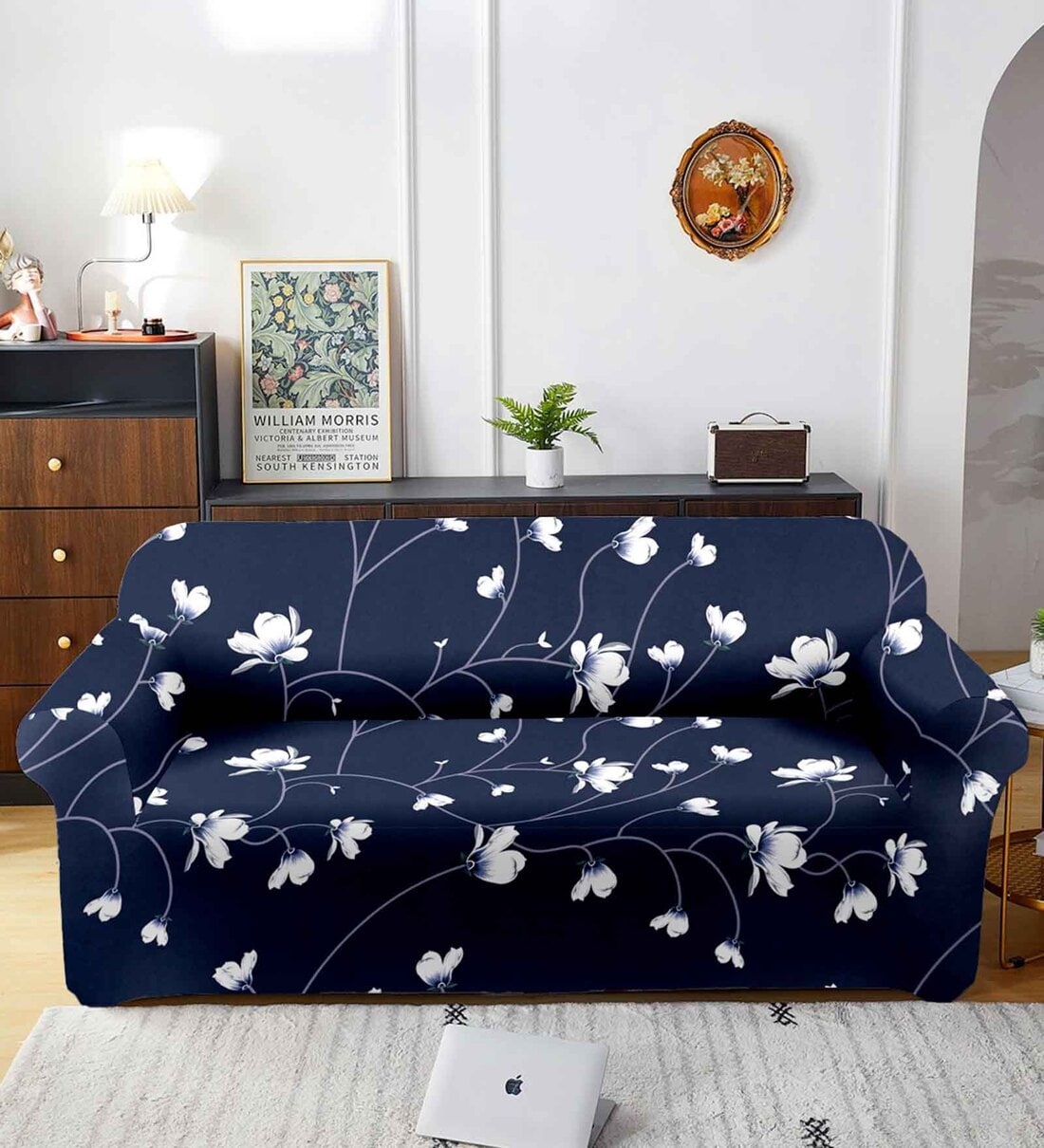 Buy Navy Blue Florals Polyester 3 Seater Elastic Stretchable Sofa Cover ...