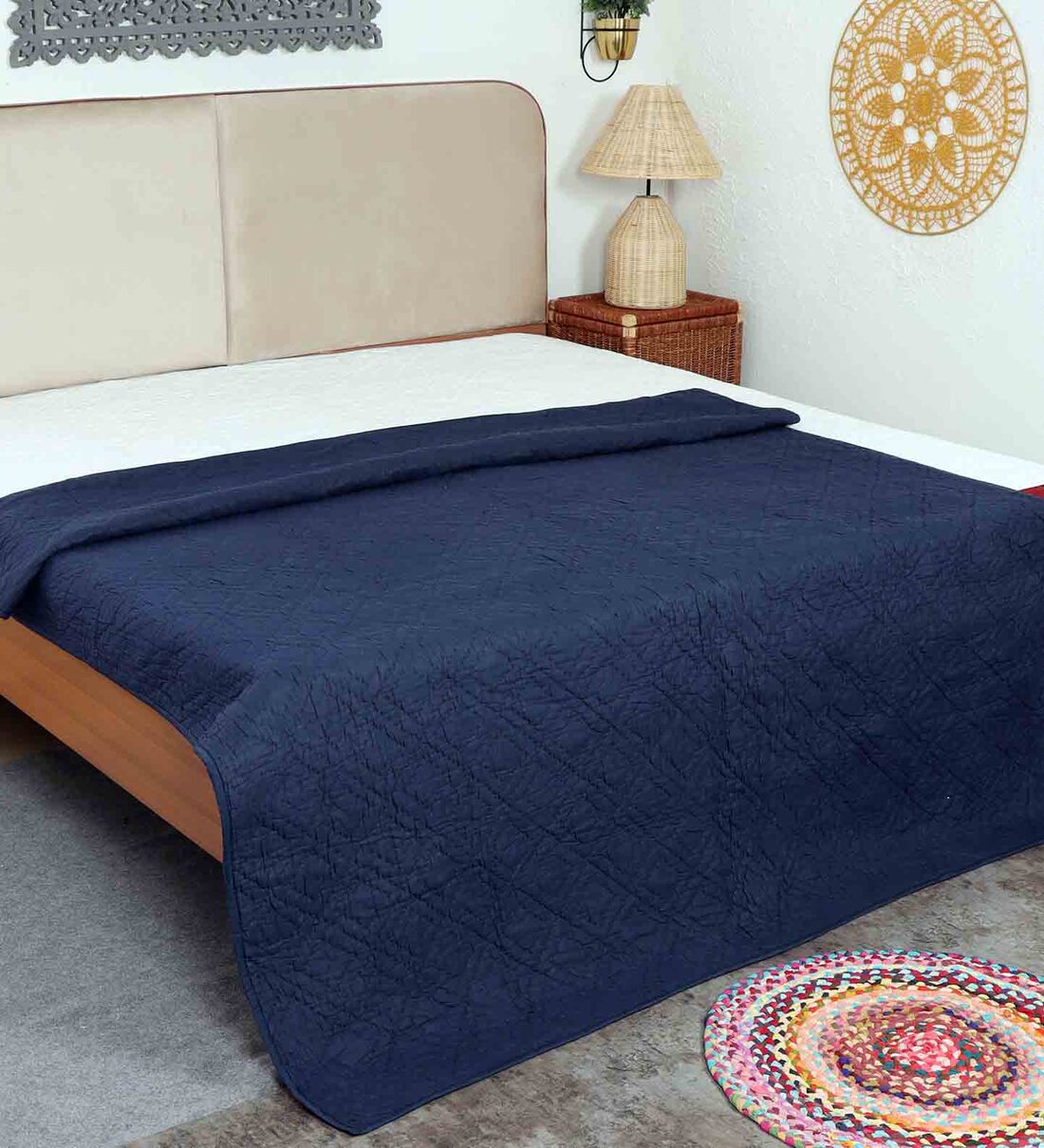 Buy Navy Blue Cotton 350 AC Room Double Bed Quilt With 2 Pillow Covers ...