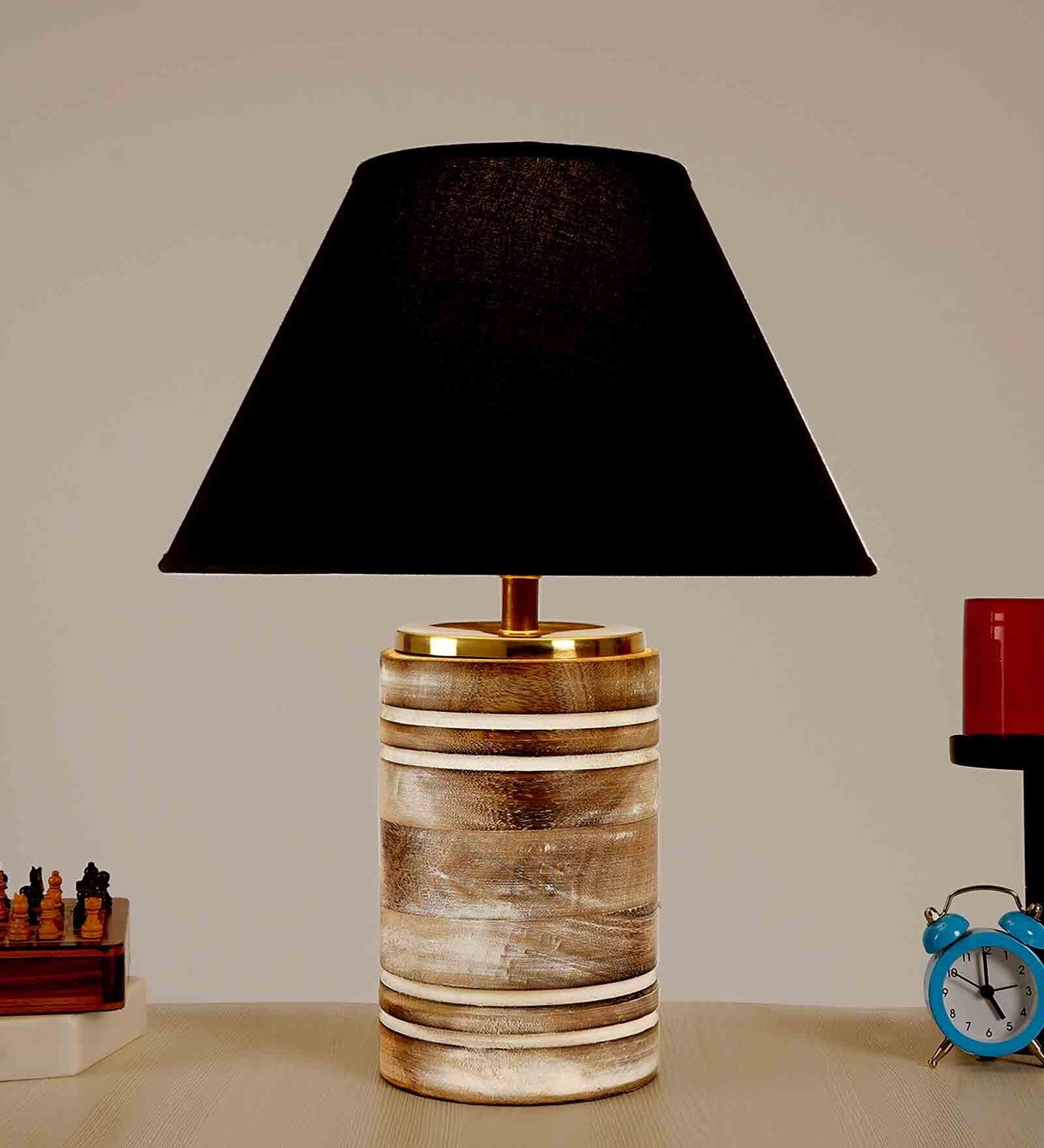Buy Soomin Black Cottan Fabric Shade Night Lamp With Wood & Metal Base ...