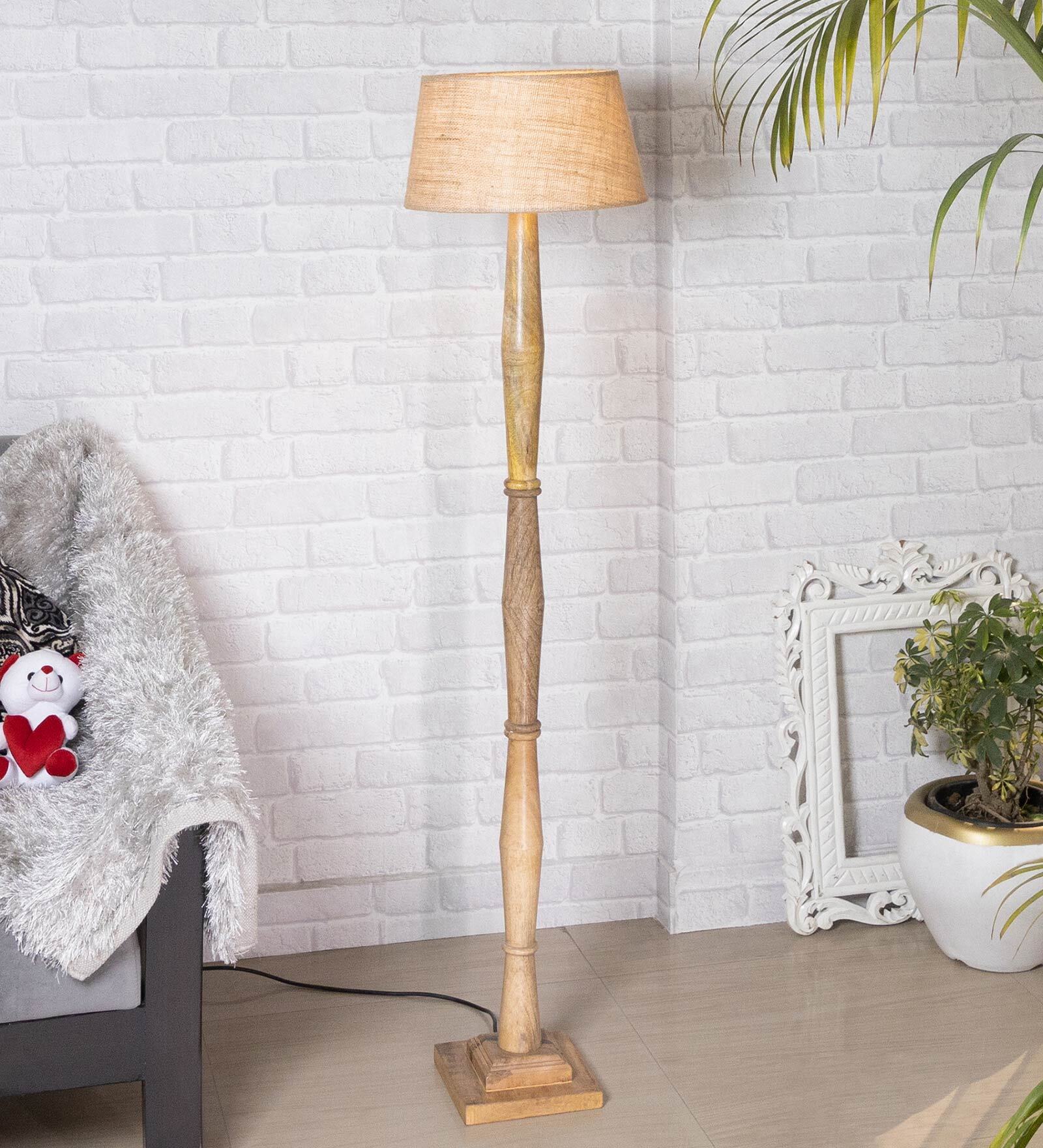 Buy Beige Cotton Shade Floor Lamp With Wooden Base By Homesake at 69% ...