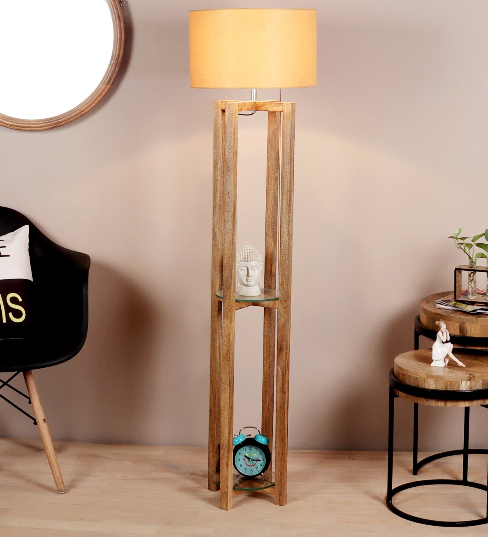 Buy Genevieve Gold Cotton Shade Shelf Floor Lamp With Mango wood Base By The Lighting Hub at 11% ...