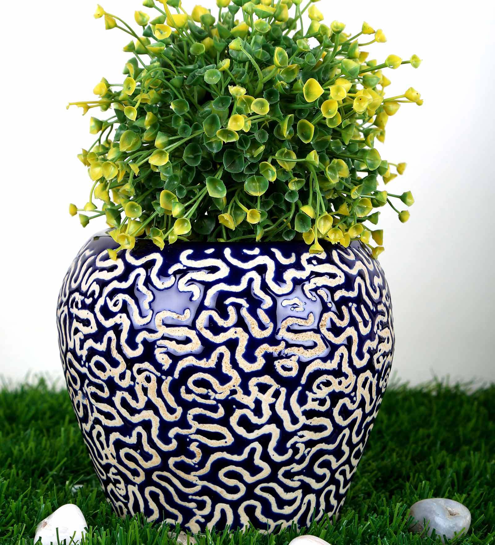 Buy Navy Blue Ceramic Kulhar Shape with RD Print Medium Planter at 38% ...