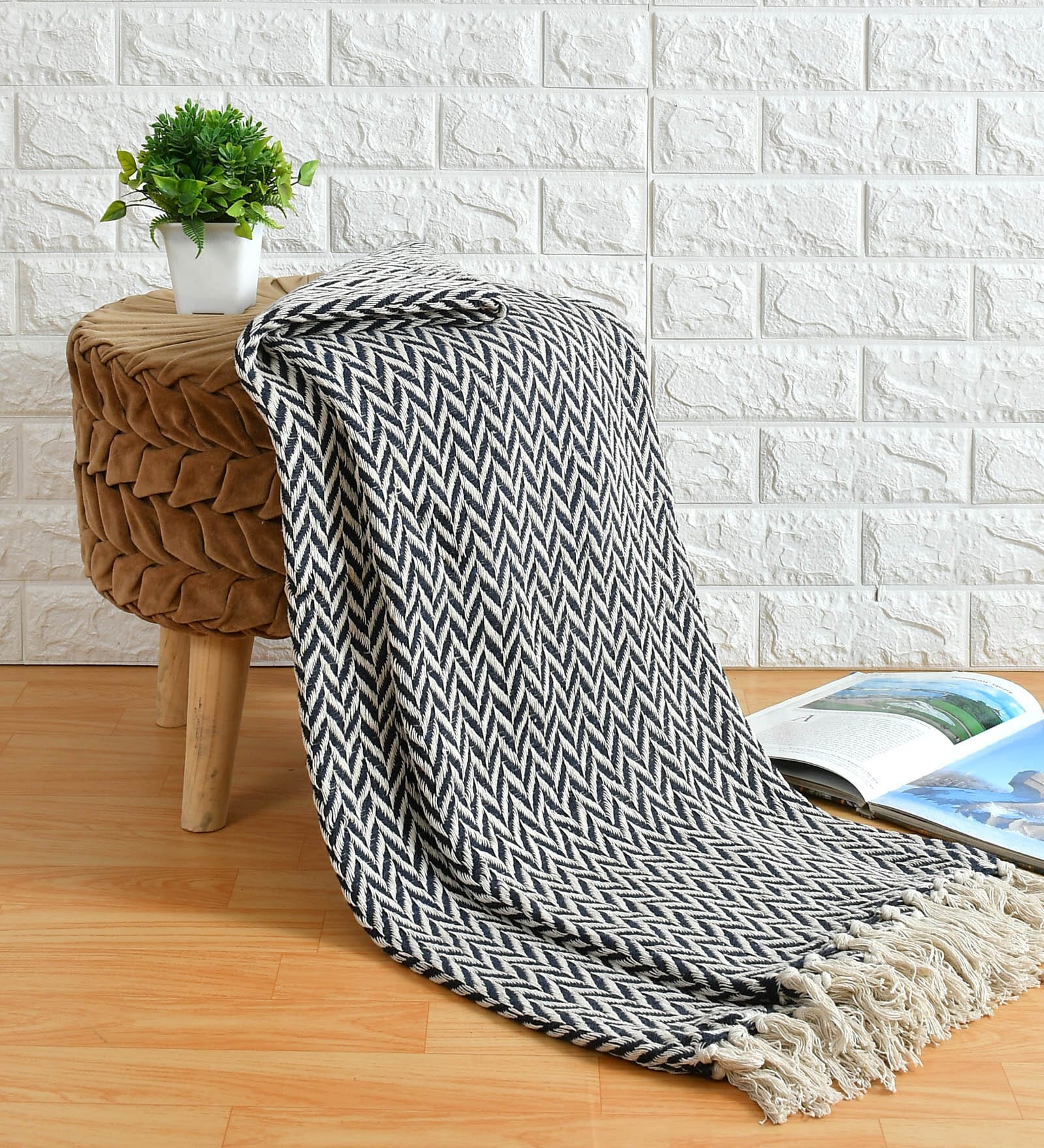 Buy Navy Blue and White Cotton 50x70 Inches Sofa Throw at 47% OFF by ...