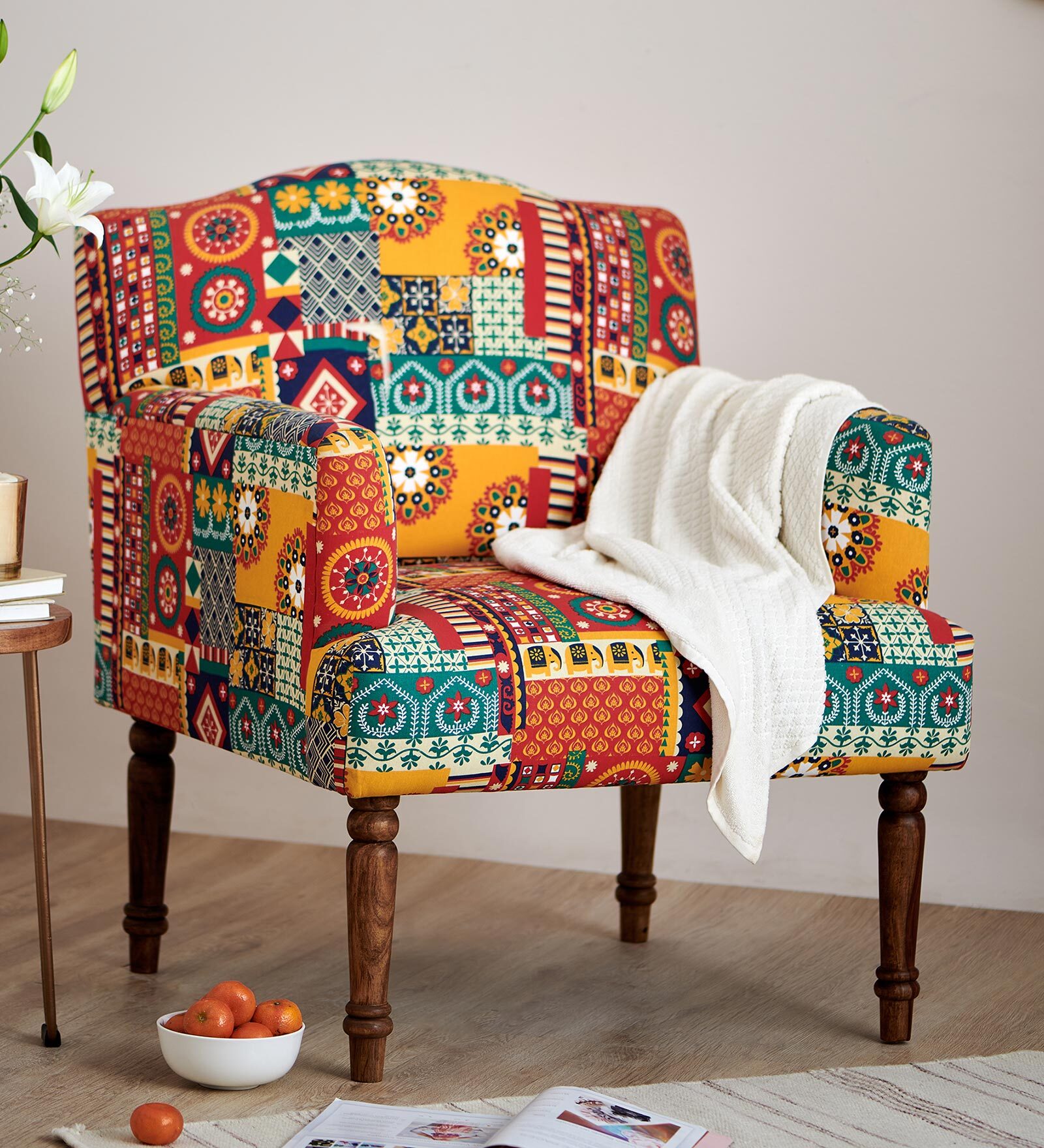 Buy Nawab Fabric Arm Chair In Floral Swirls Print Multicolor Colour at ...