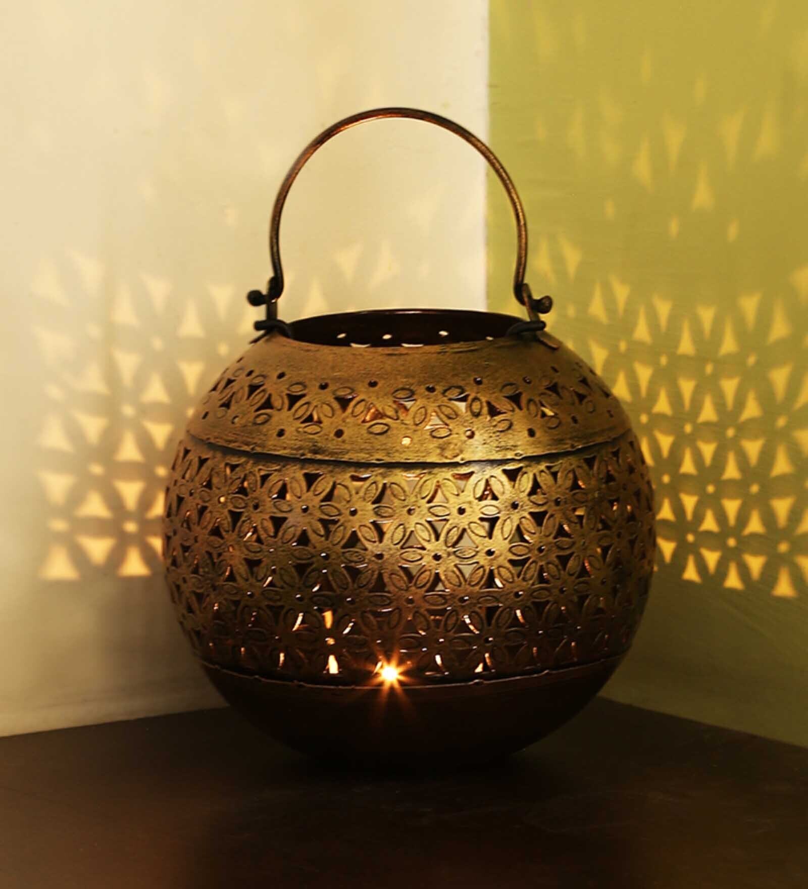 Buy Nayaab Deepak Floral Hand-Etched Gold Metal Table Tea Light Holder ...