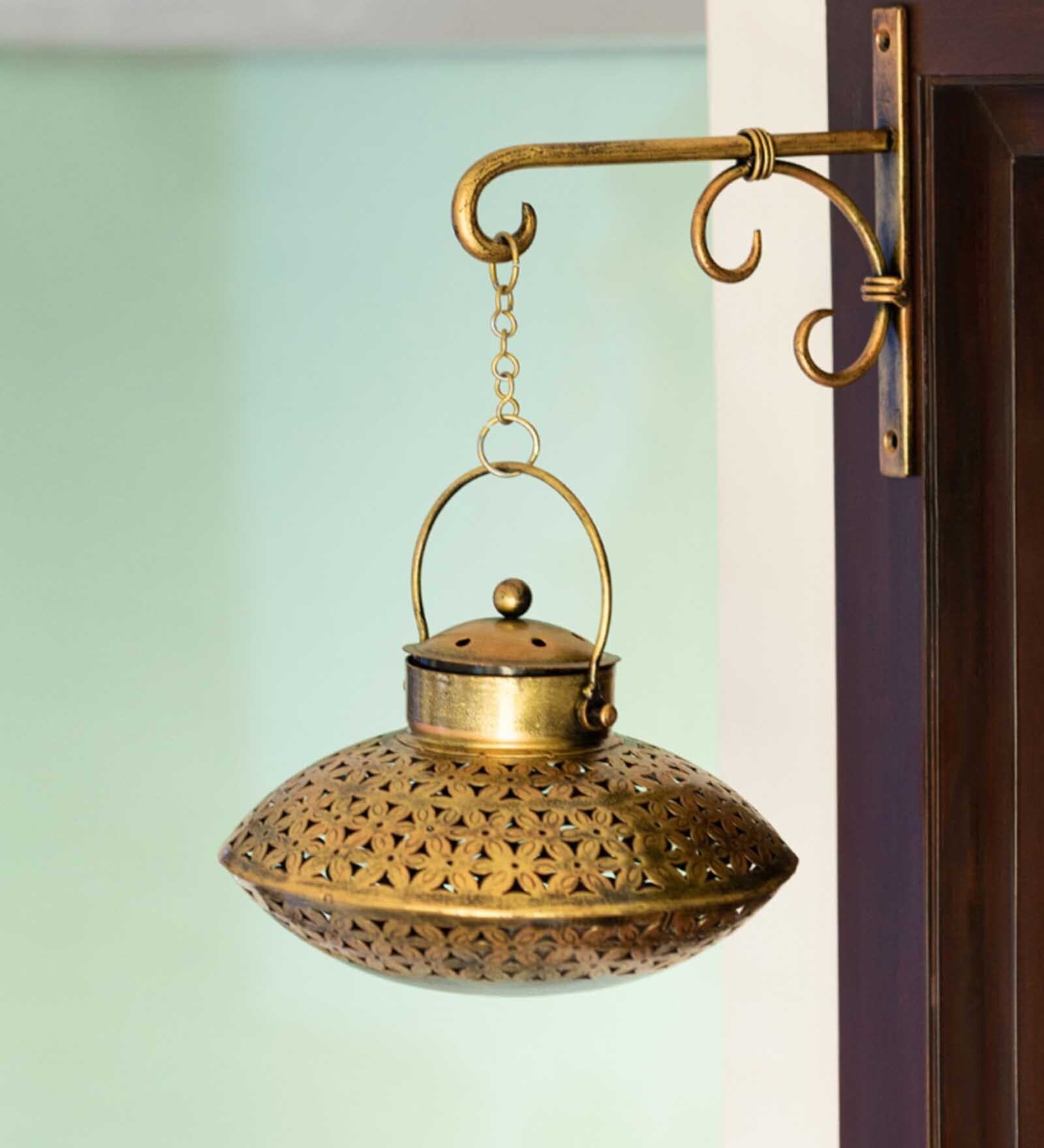 Buy Nayaab Handi Floral Hand-Etched Gold Metal Hanging Tea Light Holder ...