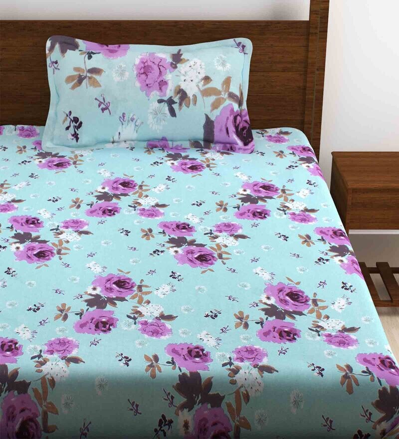Buy Blue Floral 120 TC 100% Cotton Single Bed Sized Bed Sheets With 1 ...