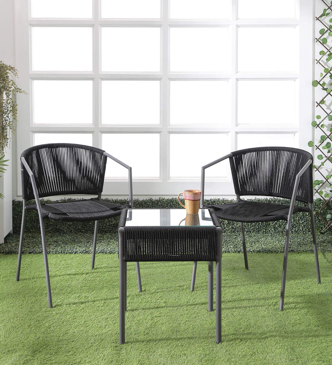 Buy New Steel & Braided Rope Table And Chair Sets In Black Grey Finish ...
