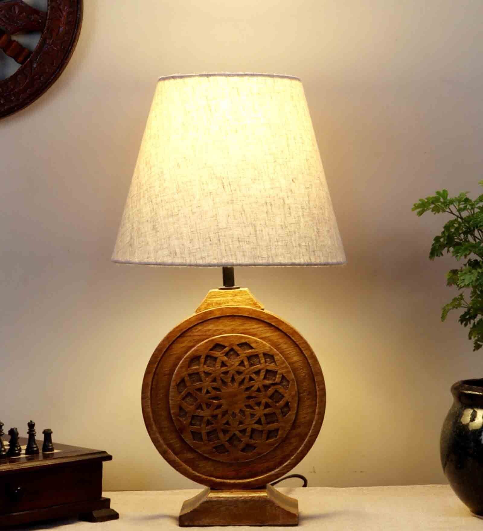 Buy Neon Chakra Table Lamp With Beige Shade Textured Cotton Shade By ...