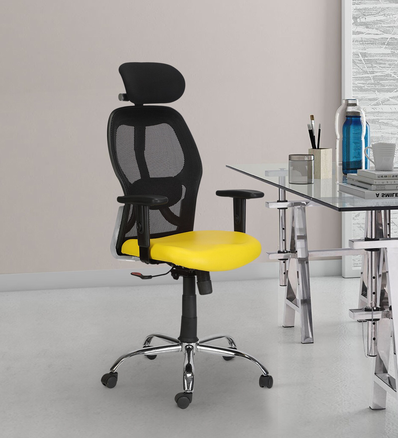 Buy New York High Back Ergonomic Chair with Headrest in Yellow Colour ...