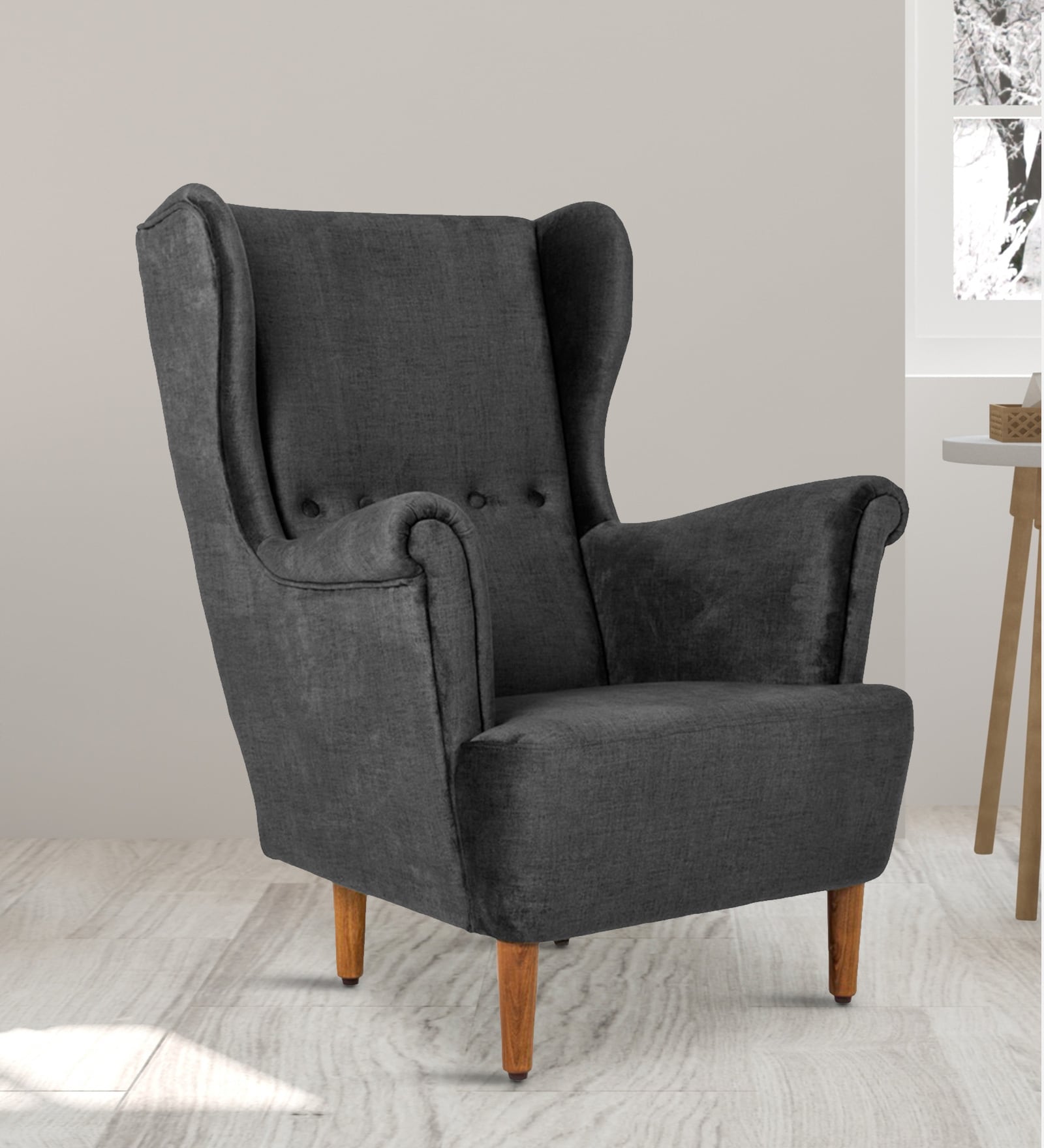 Buy Nicco Fabric Wing Chair In Reflection Charcoal grey Colour at 21% ...