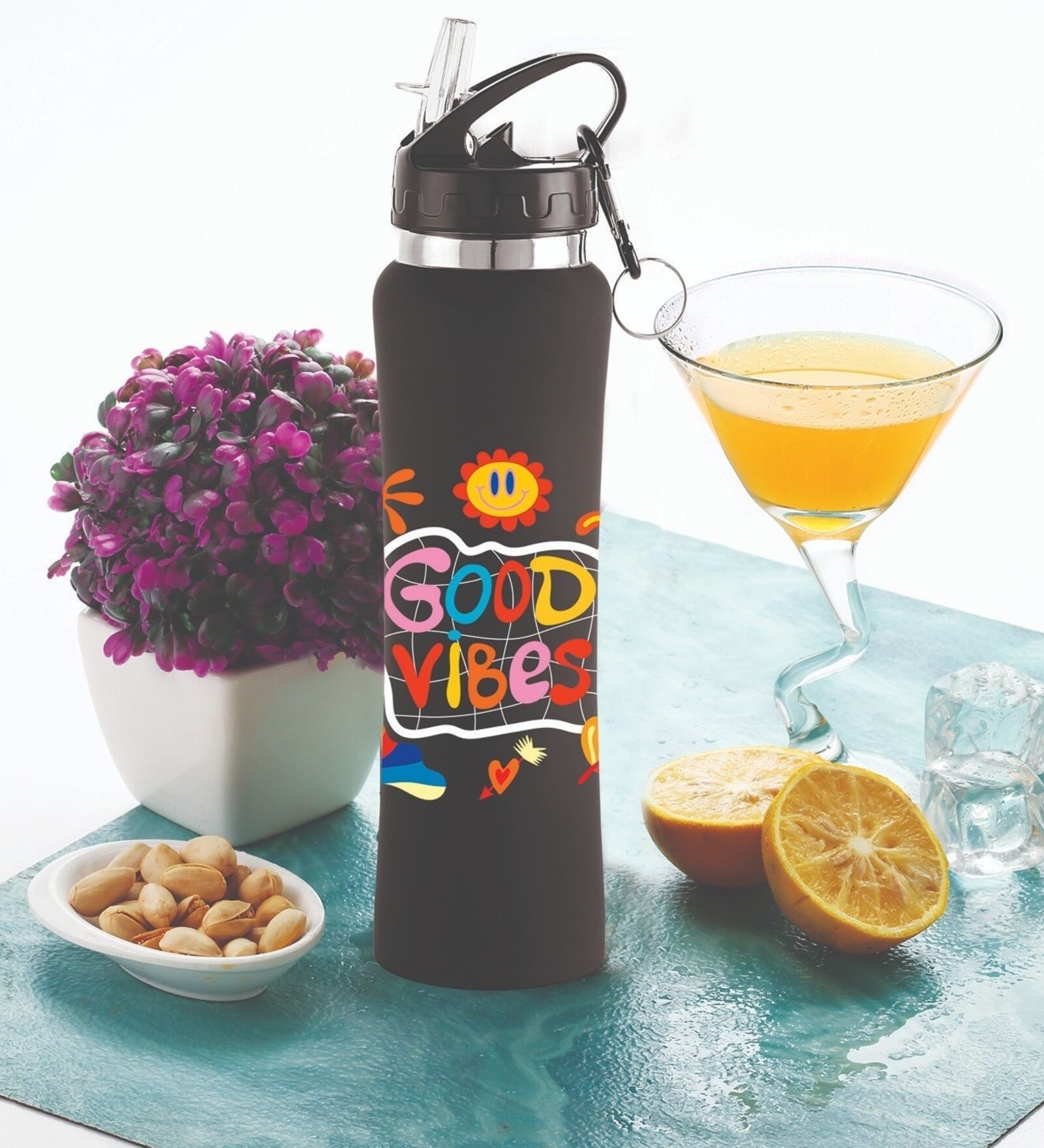 Buy Black 750ml Flip Bot Stainless Steel Rubber Finish Water Bottle ...