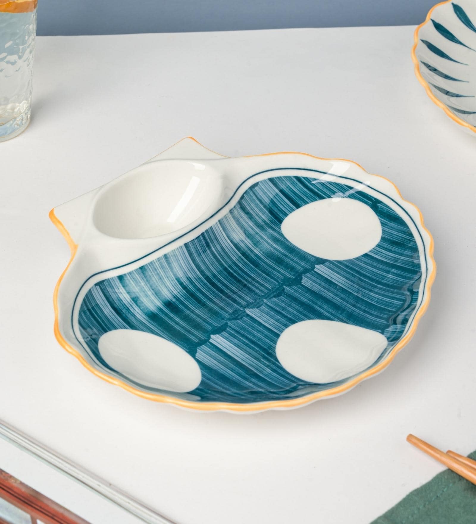 Buy Nitori- Stripped Sectioned White & Blue Ceramic Appetizer Platter ...