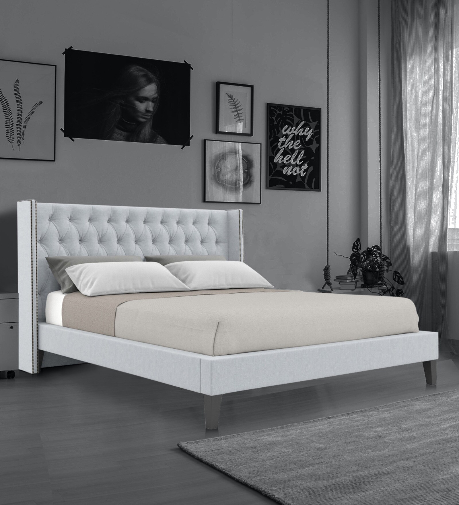 Buy Noa Fabric Upholstered King Size Bed in Light Grey Colour at 12% ...