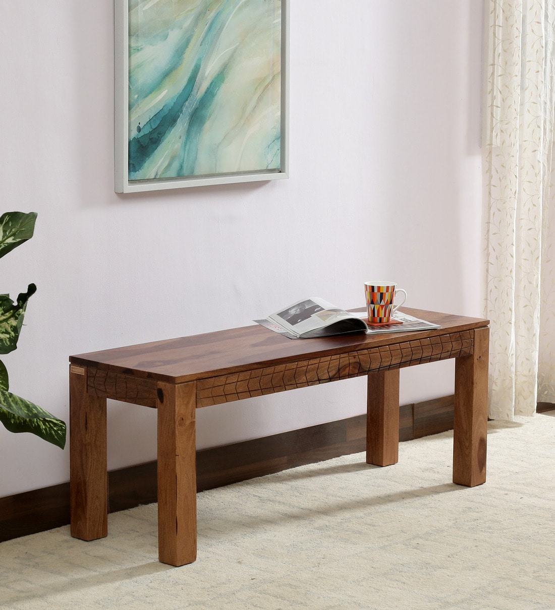 Buy Nuevo Sheesham Wood Dining Bench In Rustic Teak Finish Online ...