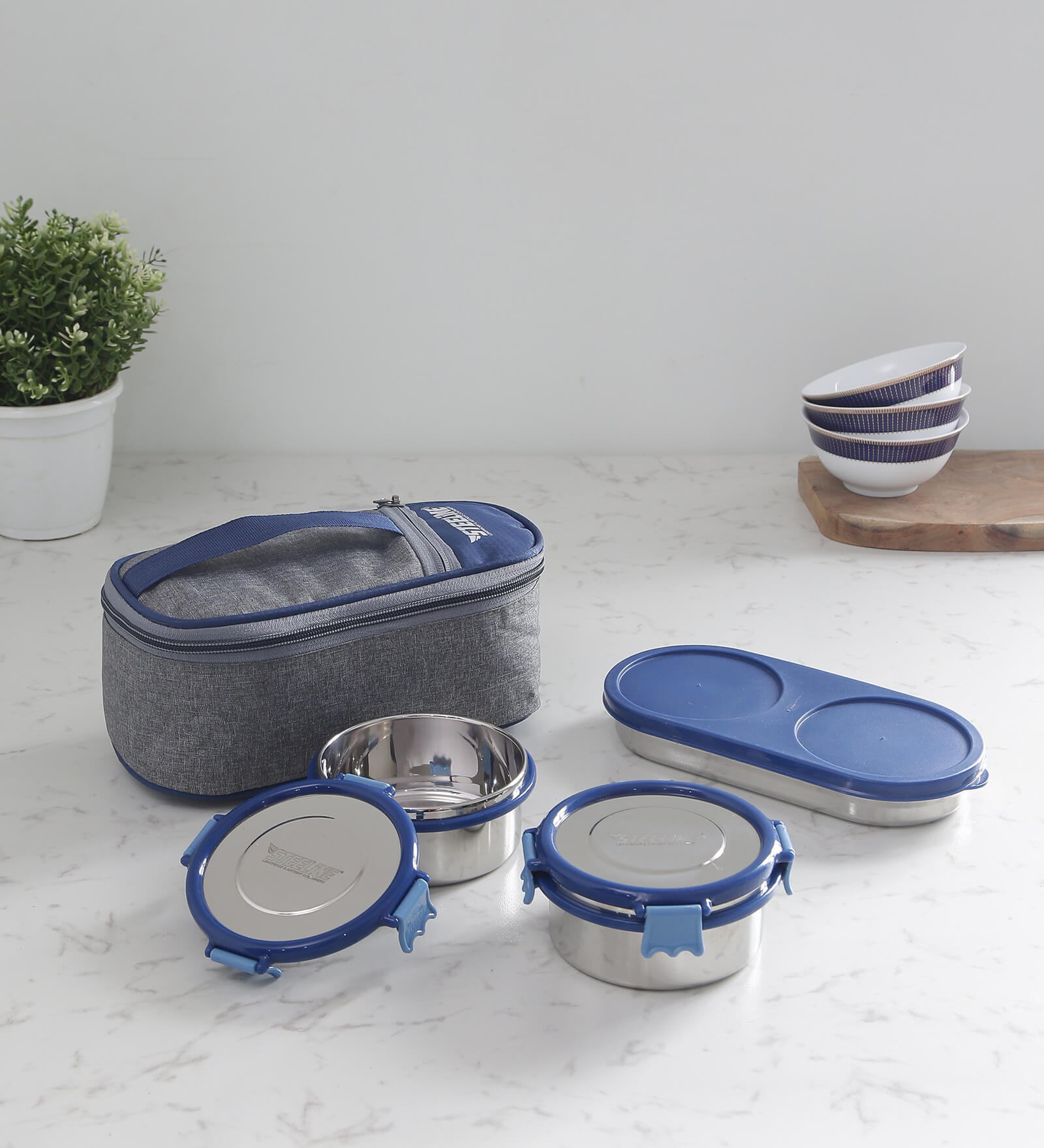 Buy Nurti Blue Stainless Steel 3Pcs Container Lunch Box With Carry ...