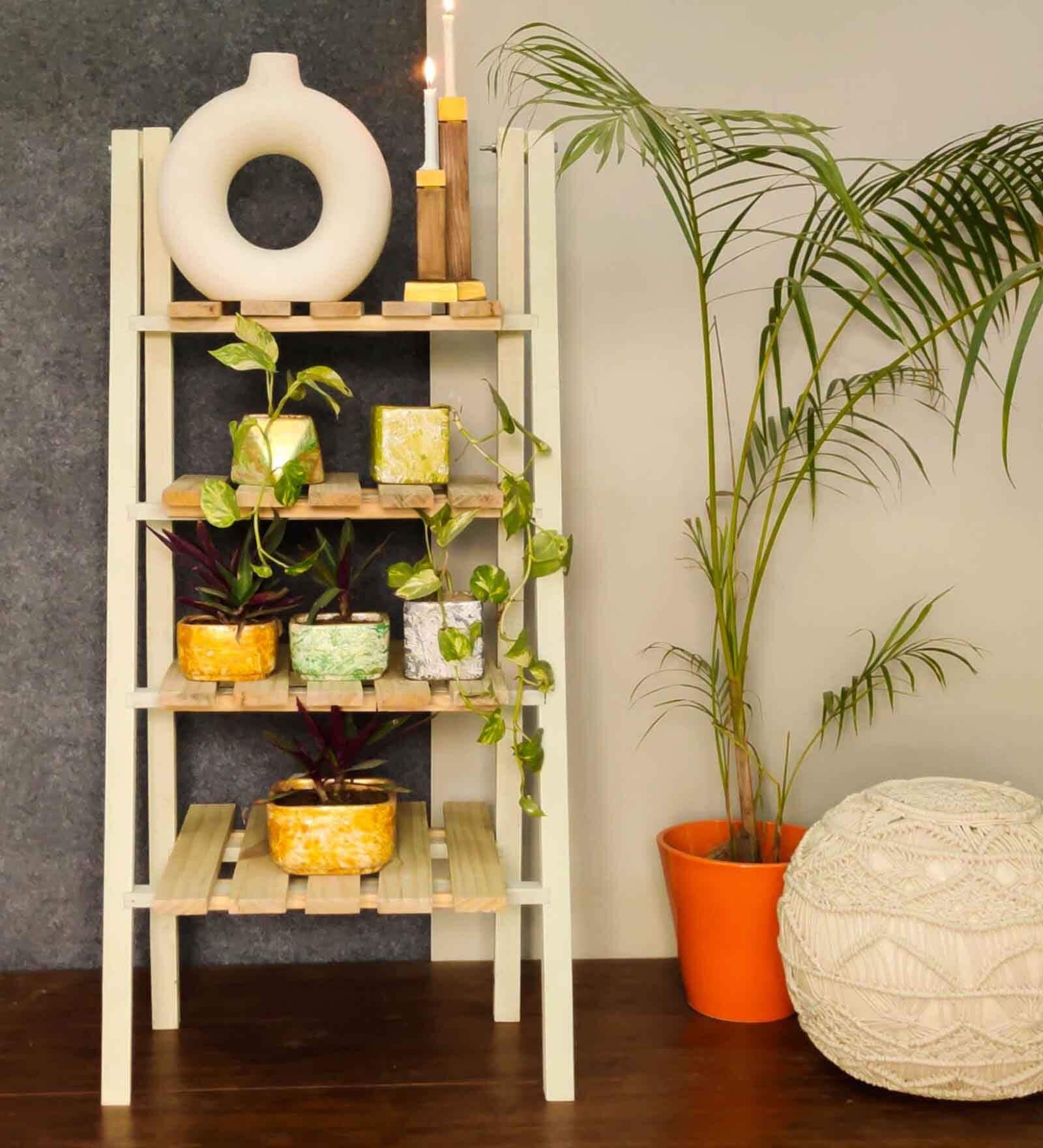 Buy Off White and Natural wood Solid Wood Triangular Ladder Planter ...