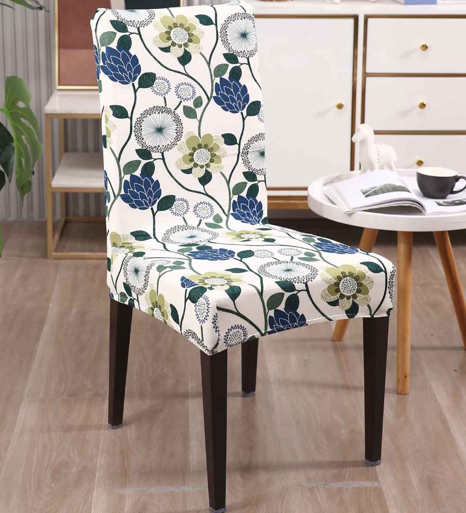 Buy Off White Polyester Floral Stretchable Chair Covers (Pack of 6) by ...