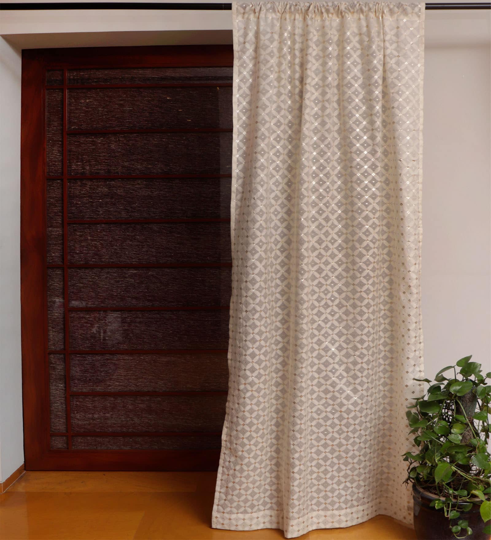 Buy Off White Geometric Poly Silk 7 Ft Semisheer Rod Pocket Door ...